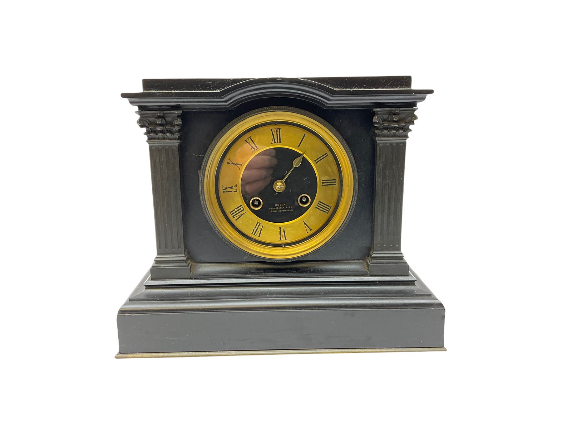 A 19th century Belgium slate mantle clock with a recessed flat top ...