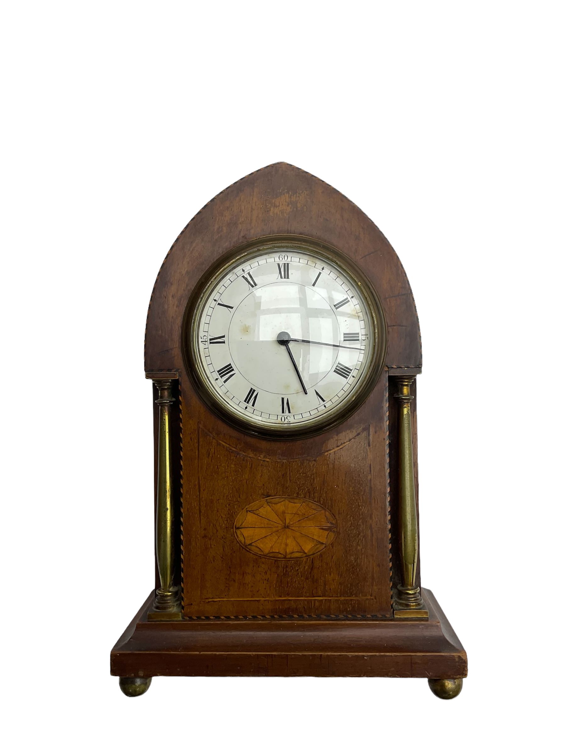 Mahogany “lancet” shaped Edwardian bedside clock c1900 with contrasting ...