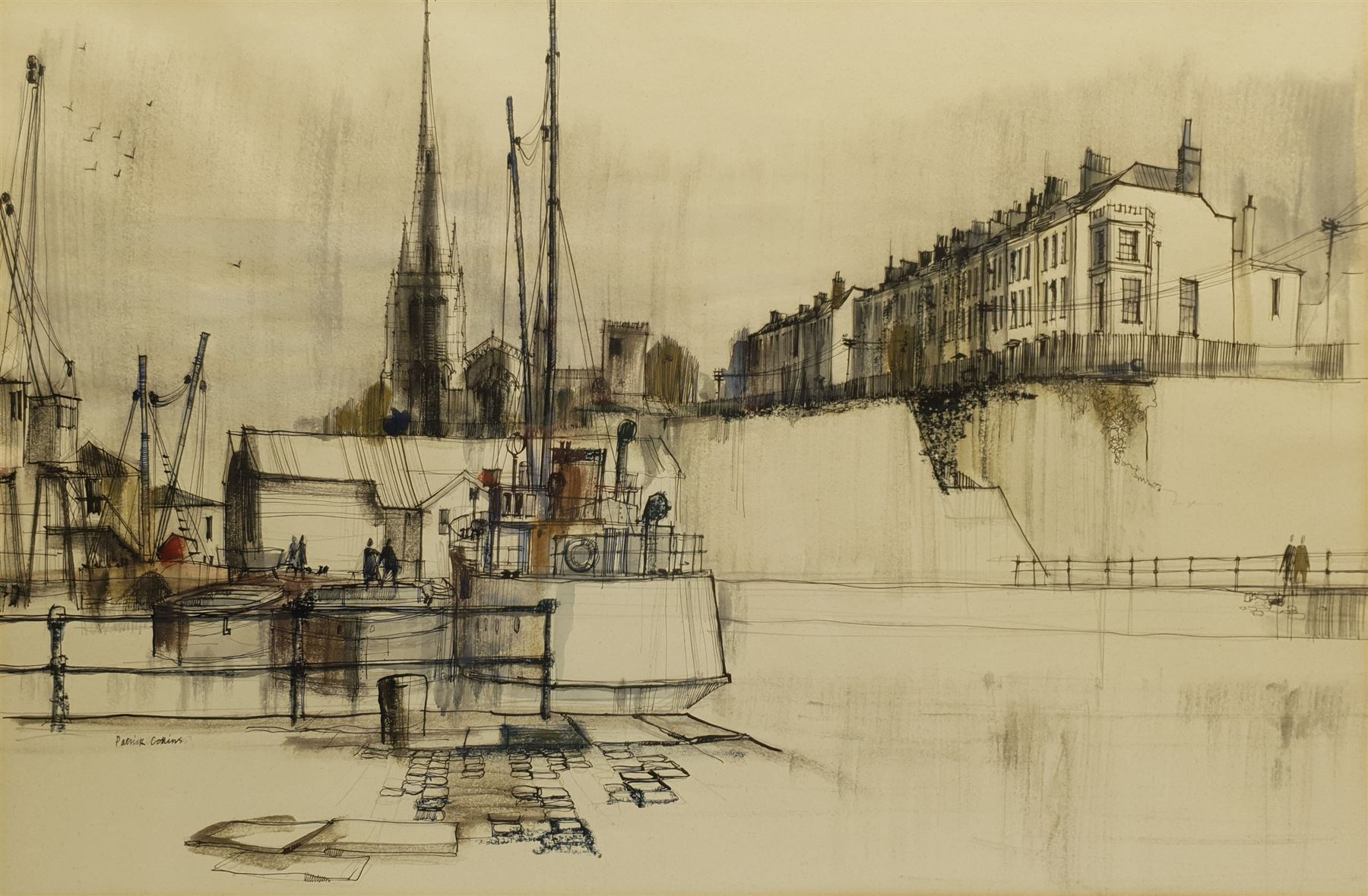 Patrick Collins (British 20th century): Shipyard before a Church, ink ...