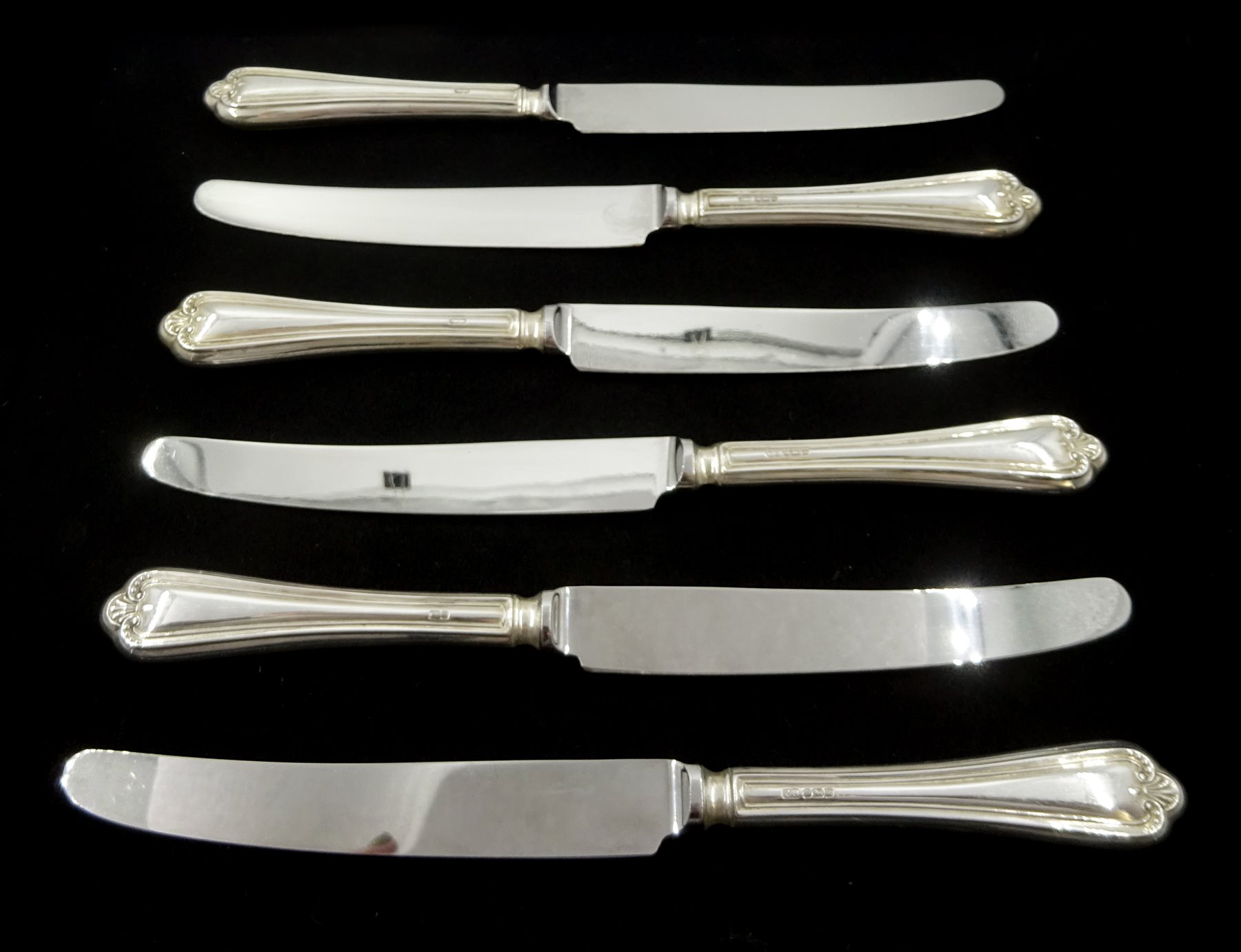 Set Of Six Silver Handled Jesmond Pattern Dinner Knives By Yates