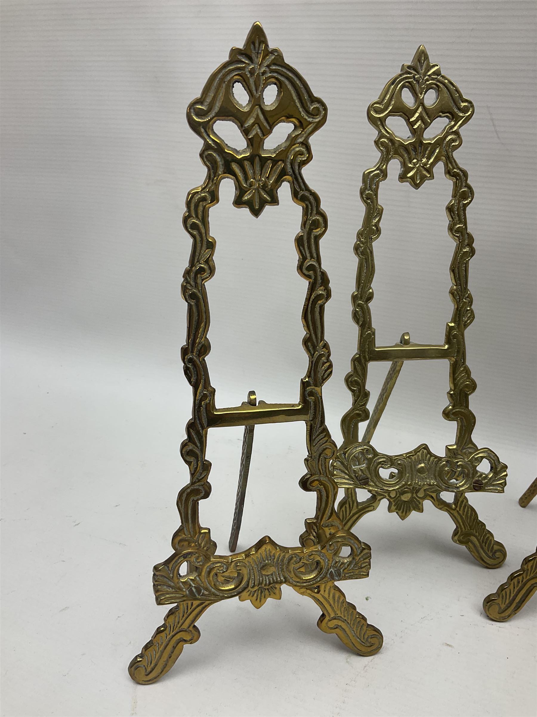 Set of six ornate cast brass easel stands, H30cm - Decorative Antiques ...