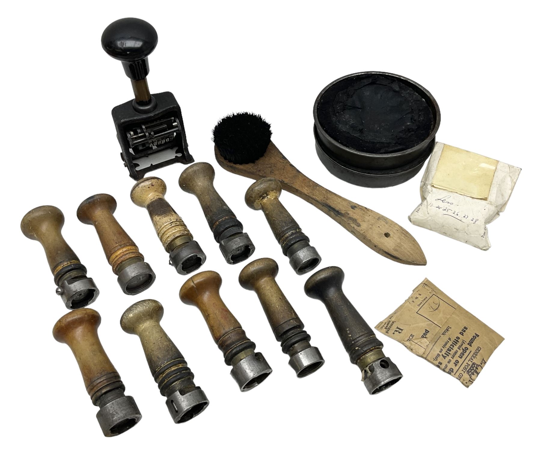 Ten Post Office hand stamp bodies, with some date numbers, ink and ...