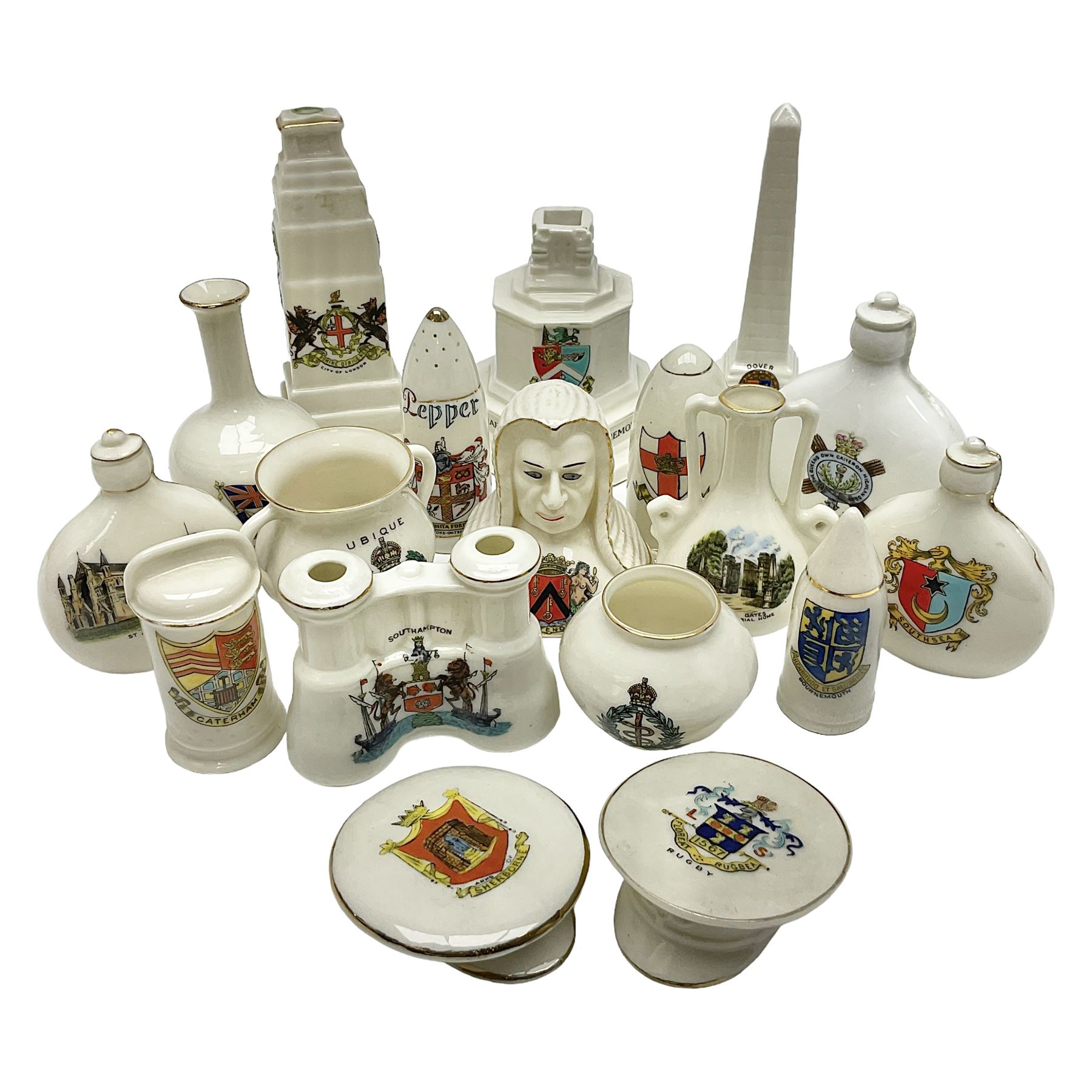 Eighteen WW1 crested china military models including artillery shells ...