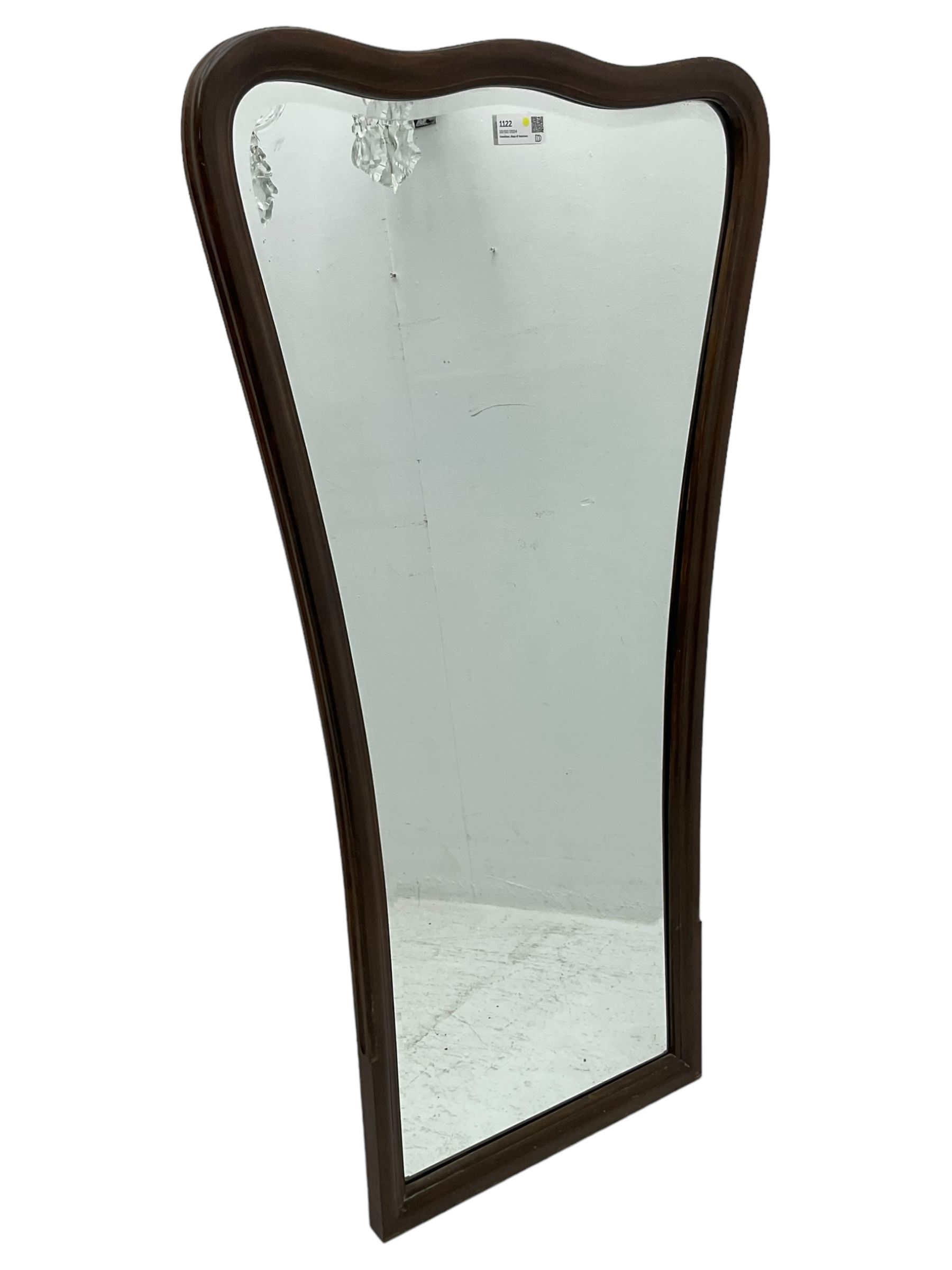 20th century stained beech frame wall mirror, bevelled plate in shaped ...