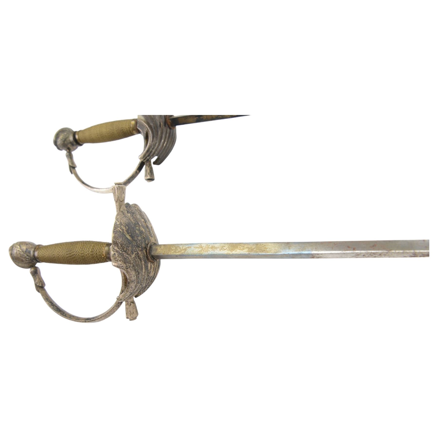 Pair of Rapier swords, with four sided blades, hilt with scalloped ...