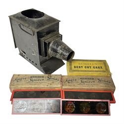 Tinplate magic lantern with three boxes and some loose slides ...