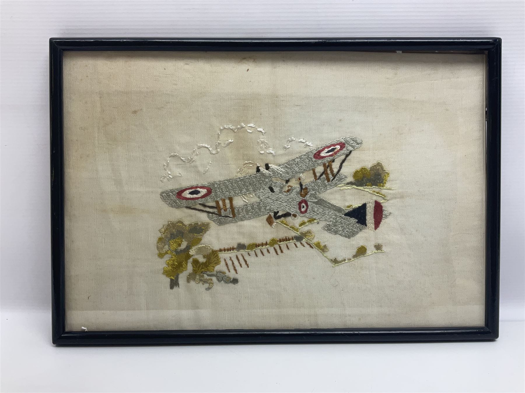 WW1 French embroidered silk picture of a British bi-plane in flight ...