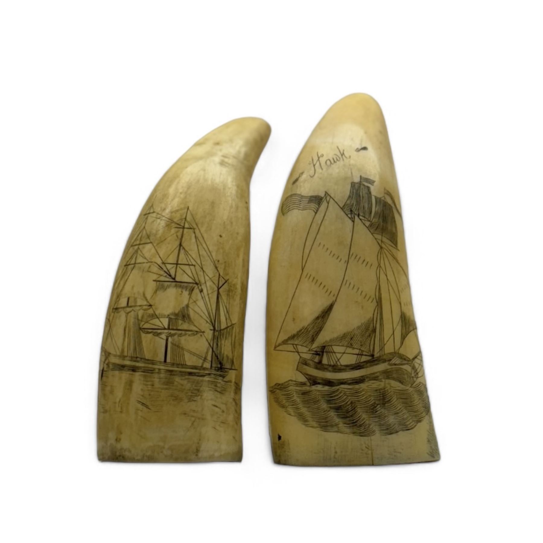 Two 19th century scrimshaw whale tooth, the first inscribed Hawk ...