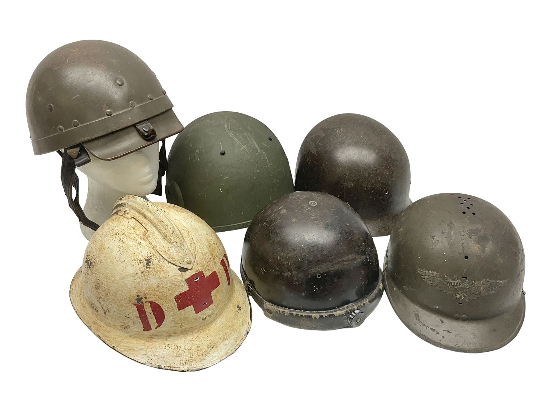 Six various helmets/liner including WW2 French Tank & Motorcycle helmet ...