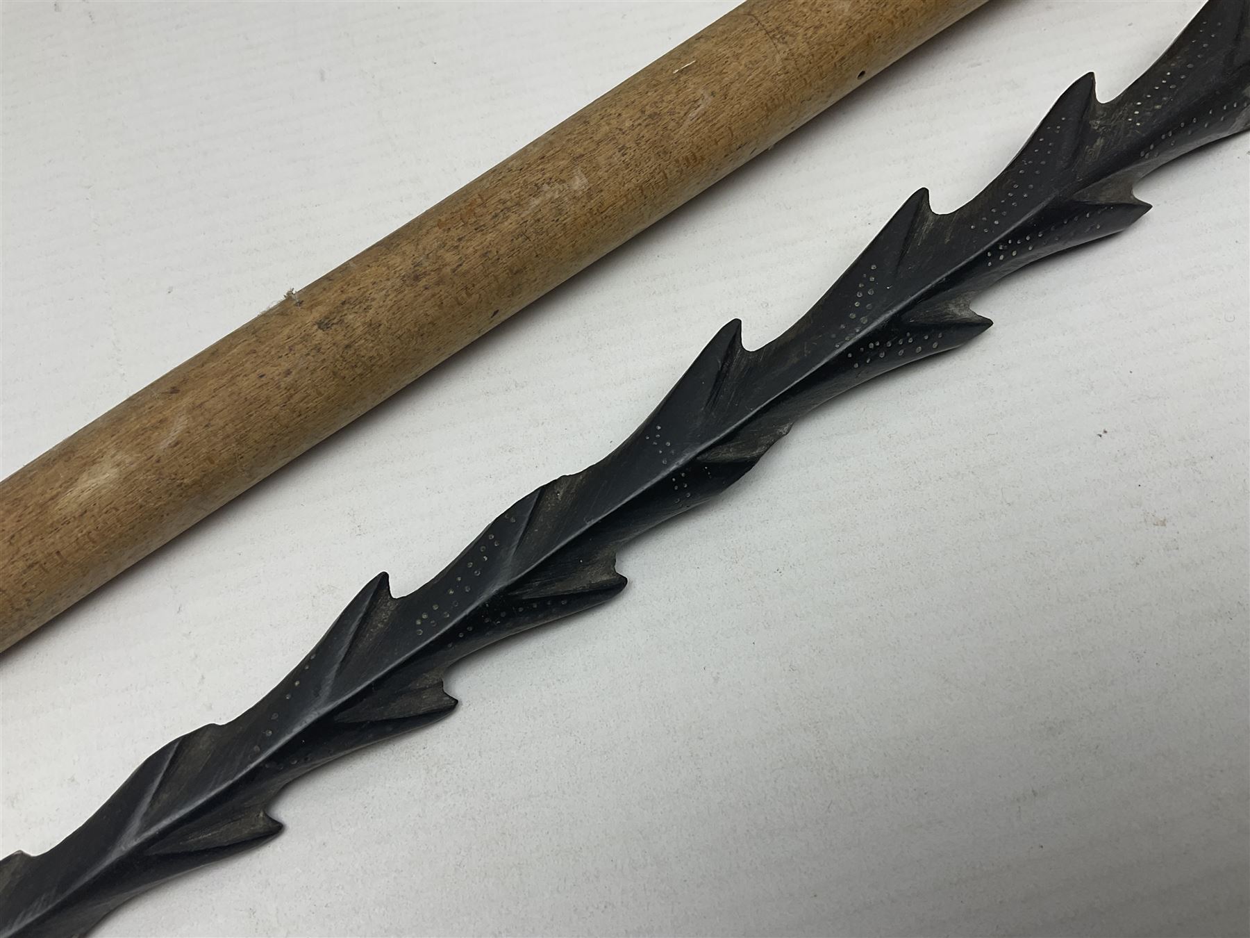 African carved hardwood twisted walking stick with carved figure to the ...