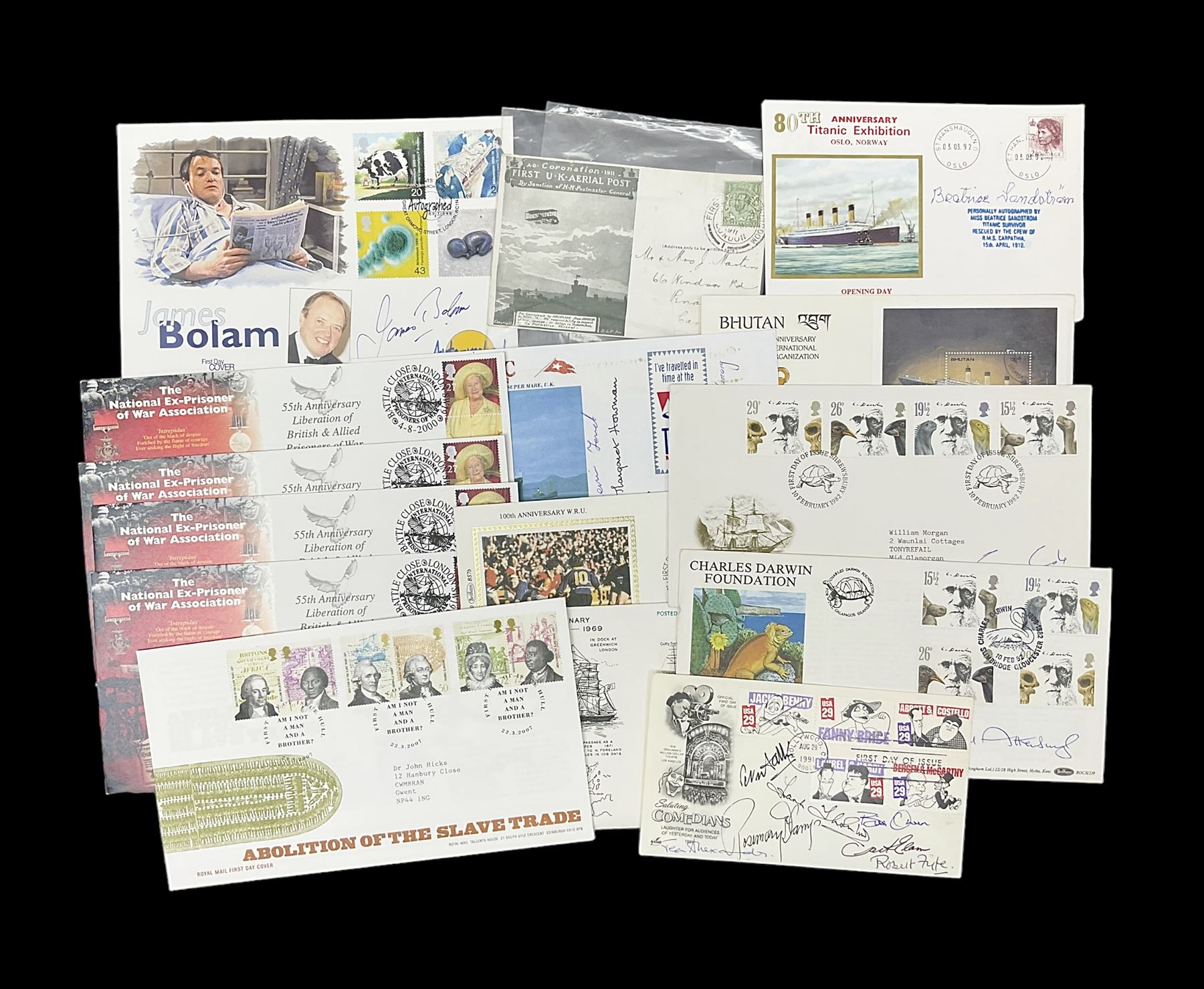 1911 Coronation First UK Aerial Post postcard; three Titanic related ...