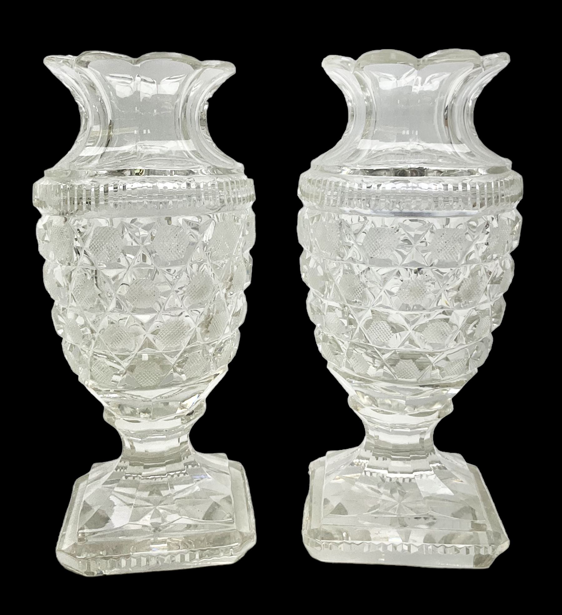 Pair of early 19th century heavy cut glass vases, the bodies of urn ...