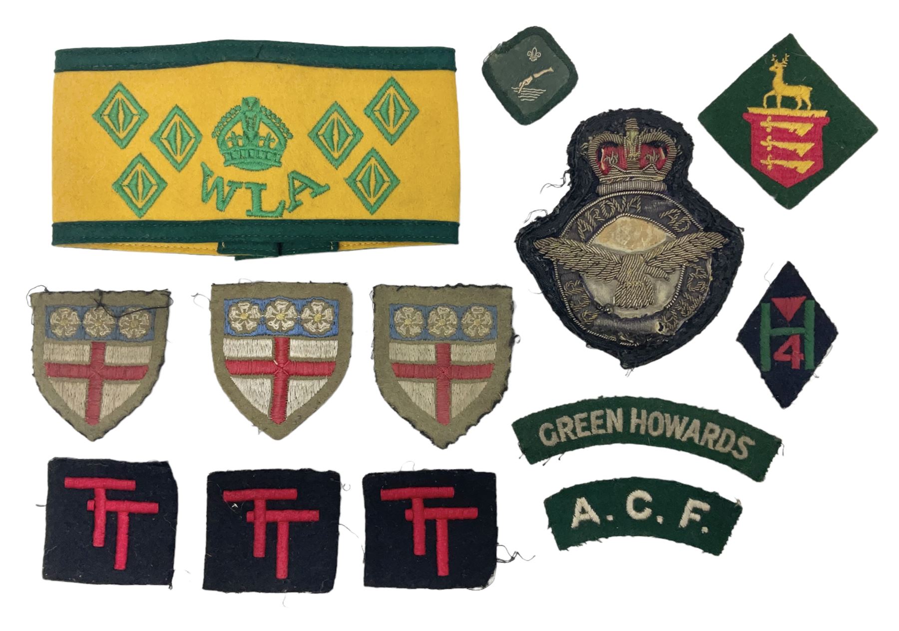 WW2 Women's Land Army six-year service armband in yellow and green; and ...