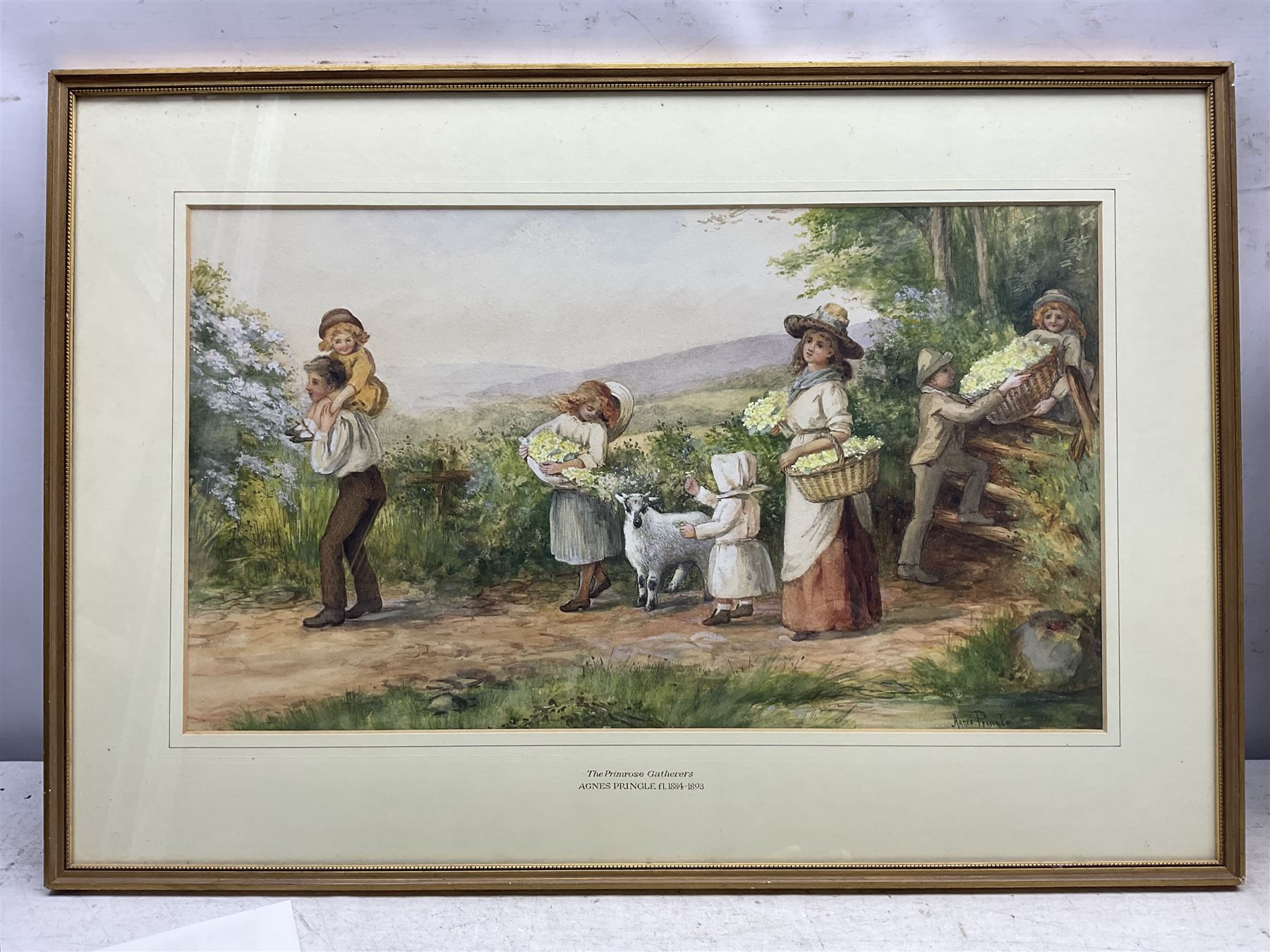 Agnes Pringle (British fl.1884-1993) : 'The Primrose Gatherers', watercolour signed, titled on ...