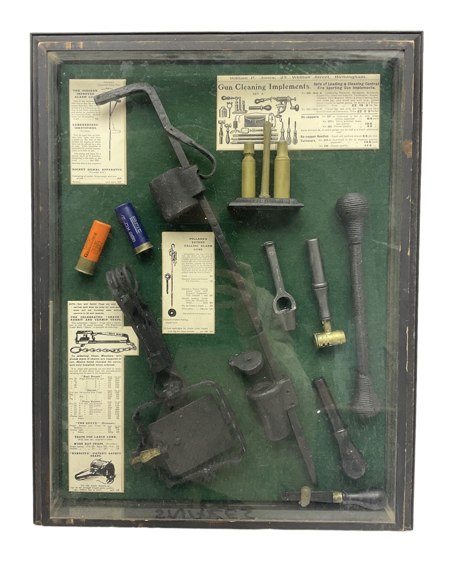 Wall hanging display case containing hunting ephemera to include ...