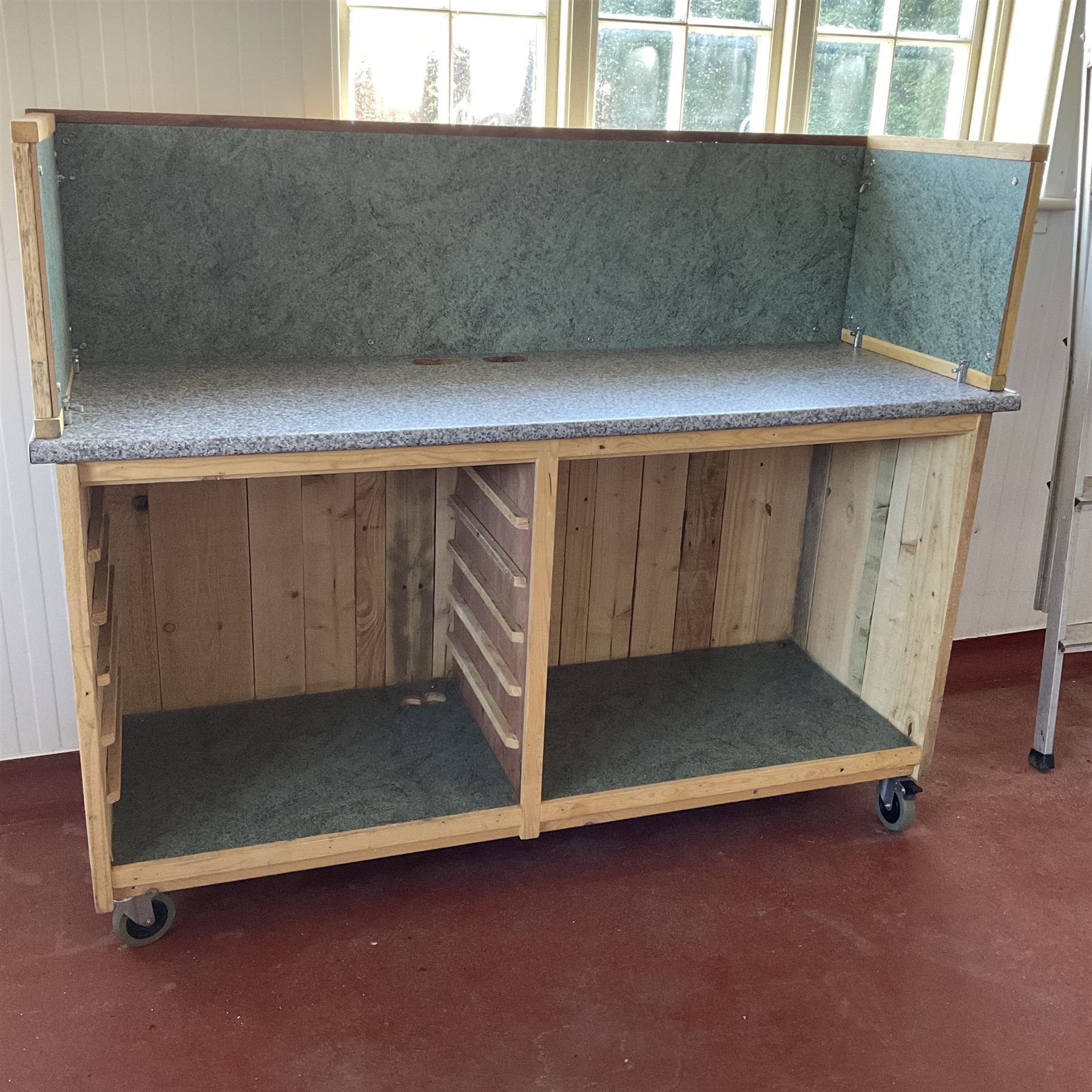 Mobile wooden serving/preparation trolley, with tray slides, plus side ...