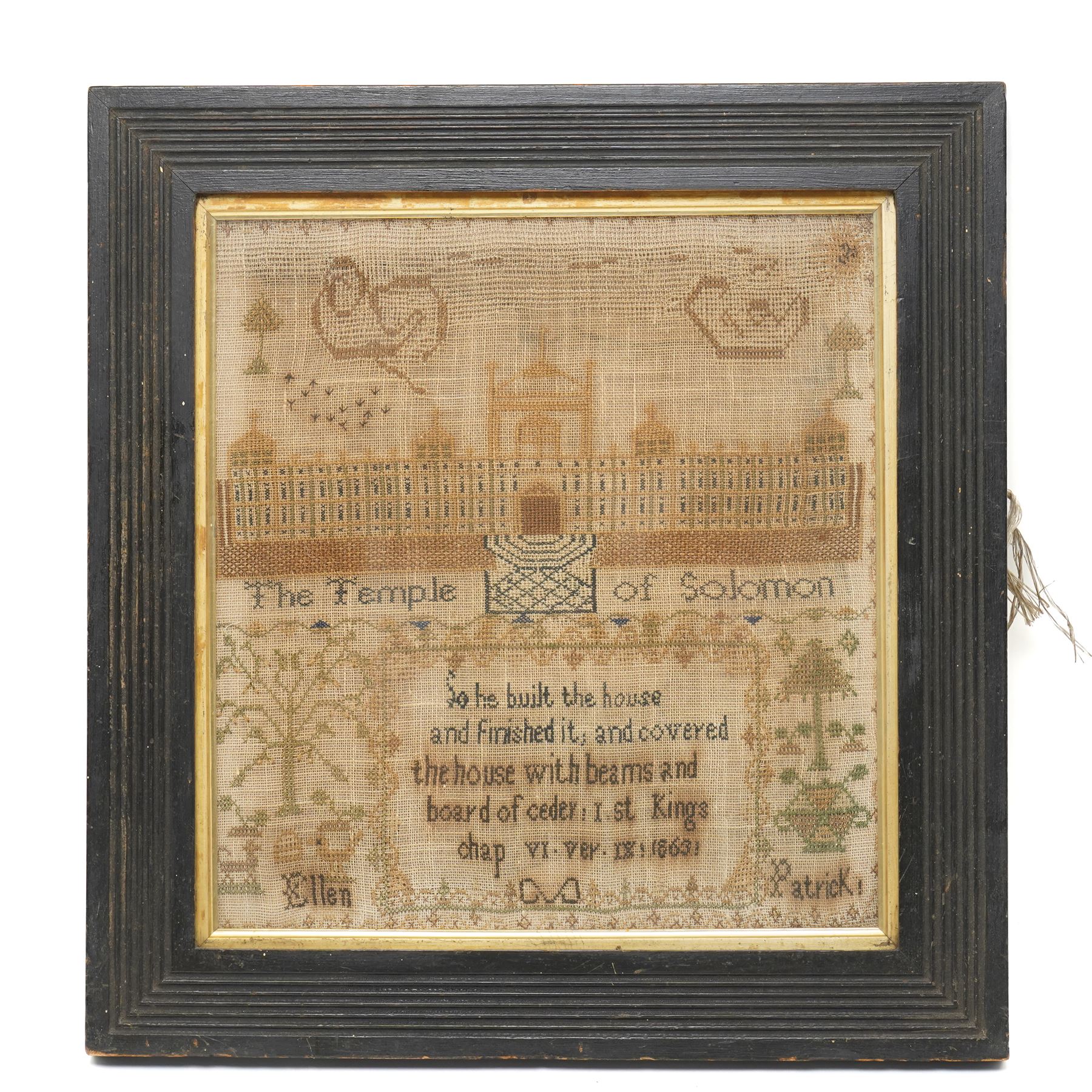 Victorian needlework sampler by Ellen Patrick depicting the Temple of ...
