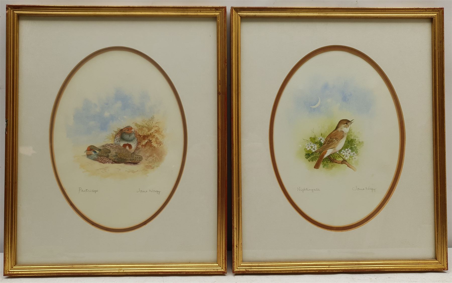 Jane Nagy (British 20th century): 'Partridge and Nightingale', pair ...