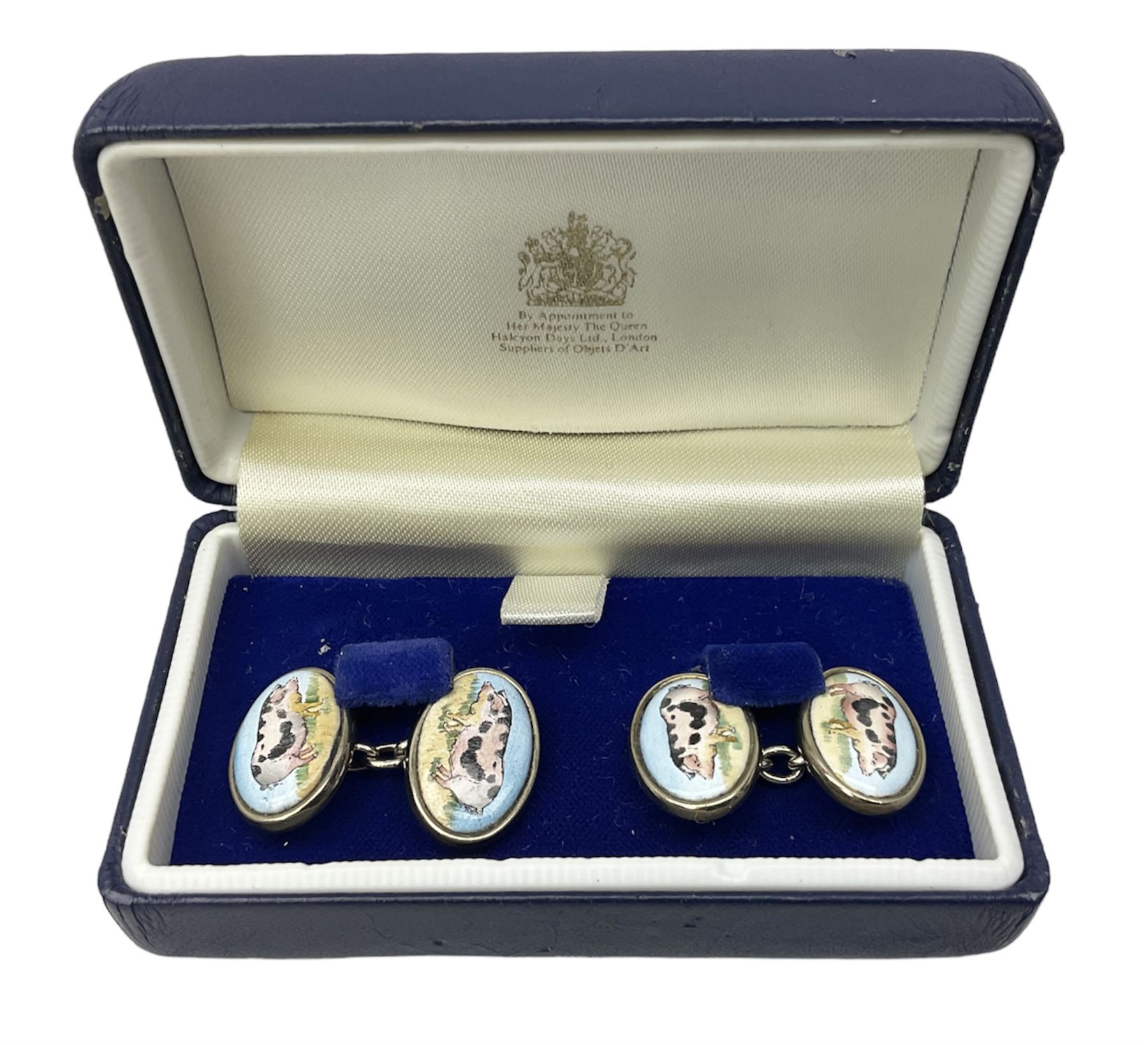 Pair of Halcyon Days hallmarked silver and enamel cufflinks depicting ...
