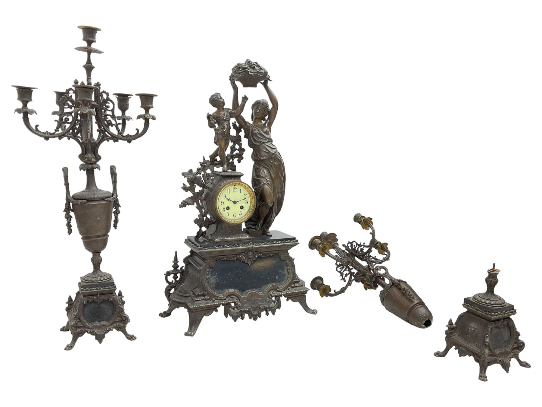 Vincenti and Cie - late 19th century figural clock garniture, cast ...