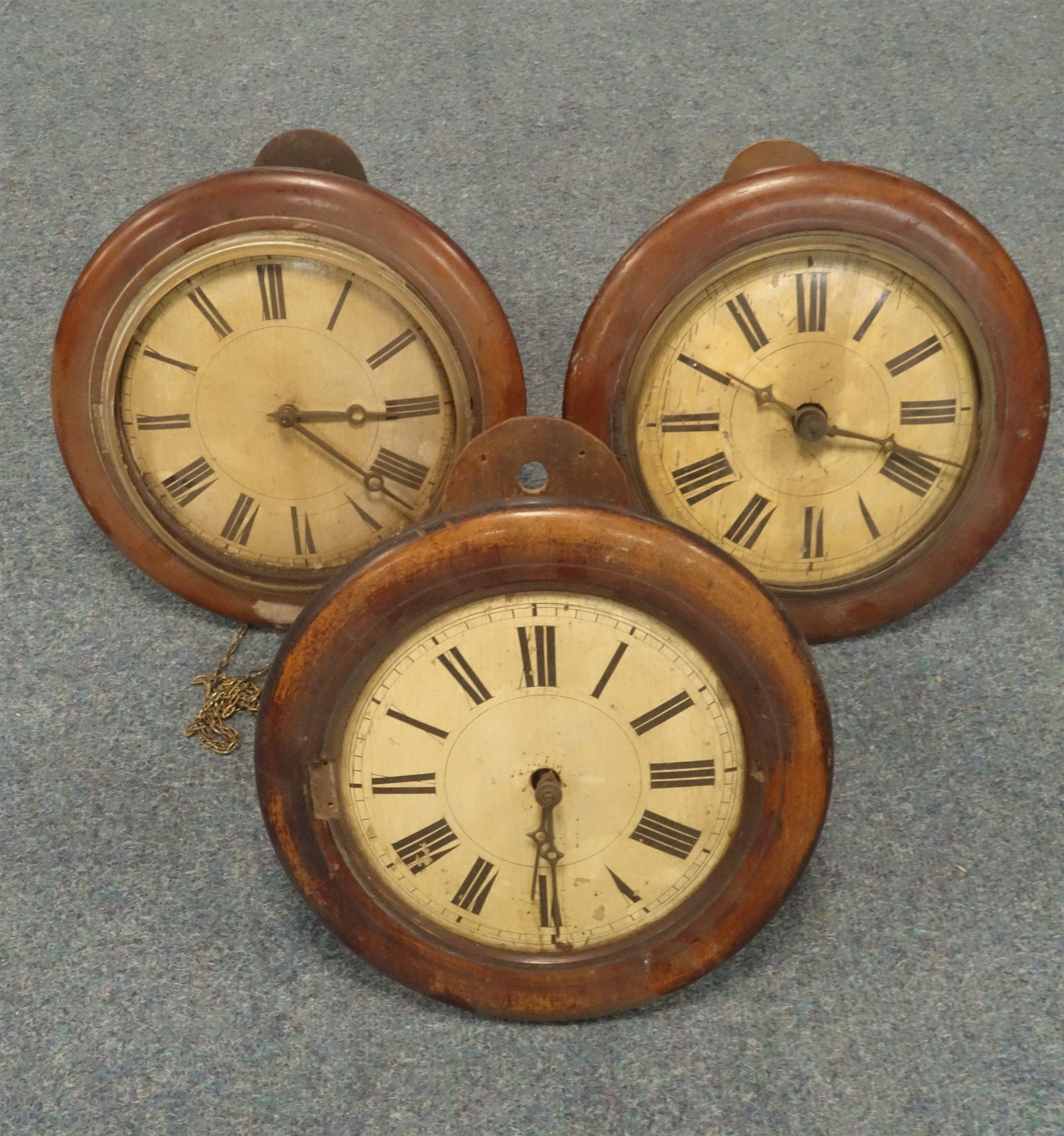 Three early 20th century postal alarm clocks with painted wooden dials ...
