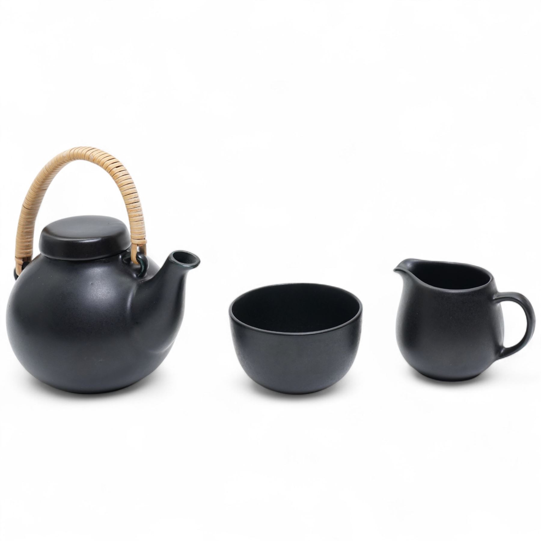 Black basalt coloured tea set comprising teapot with cane handle ...