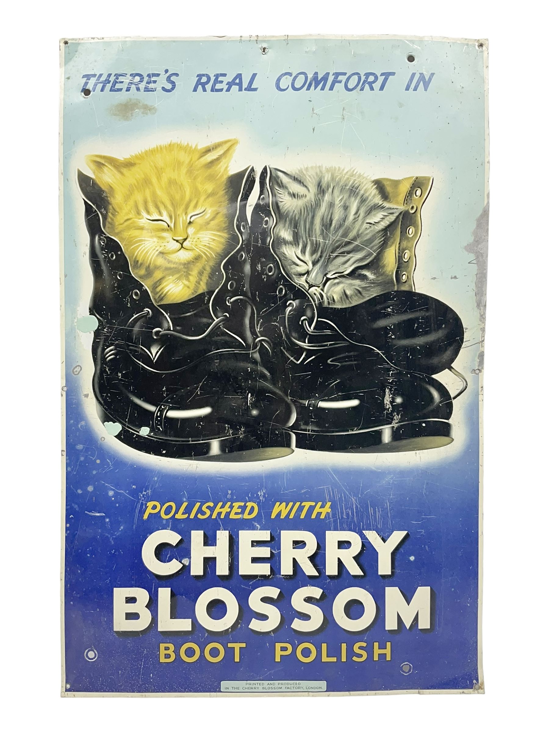 Cherry Blossom Boot Polish tin advertising sign 'There's real comfort ...