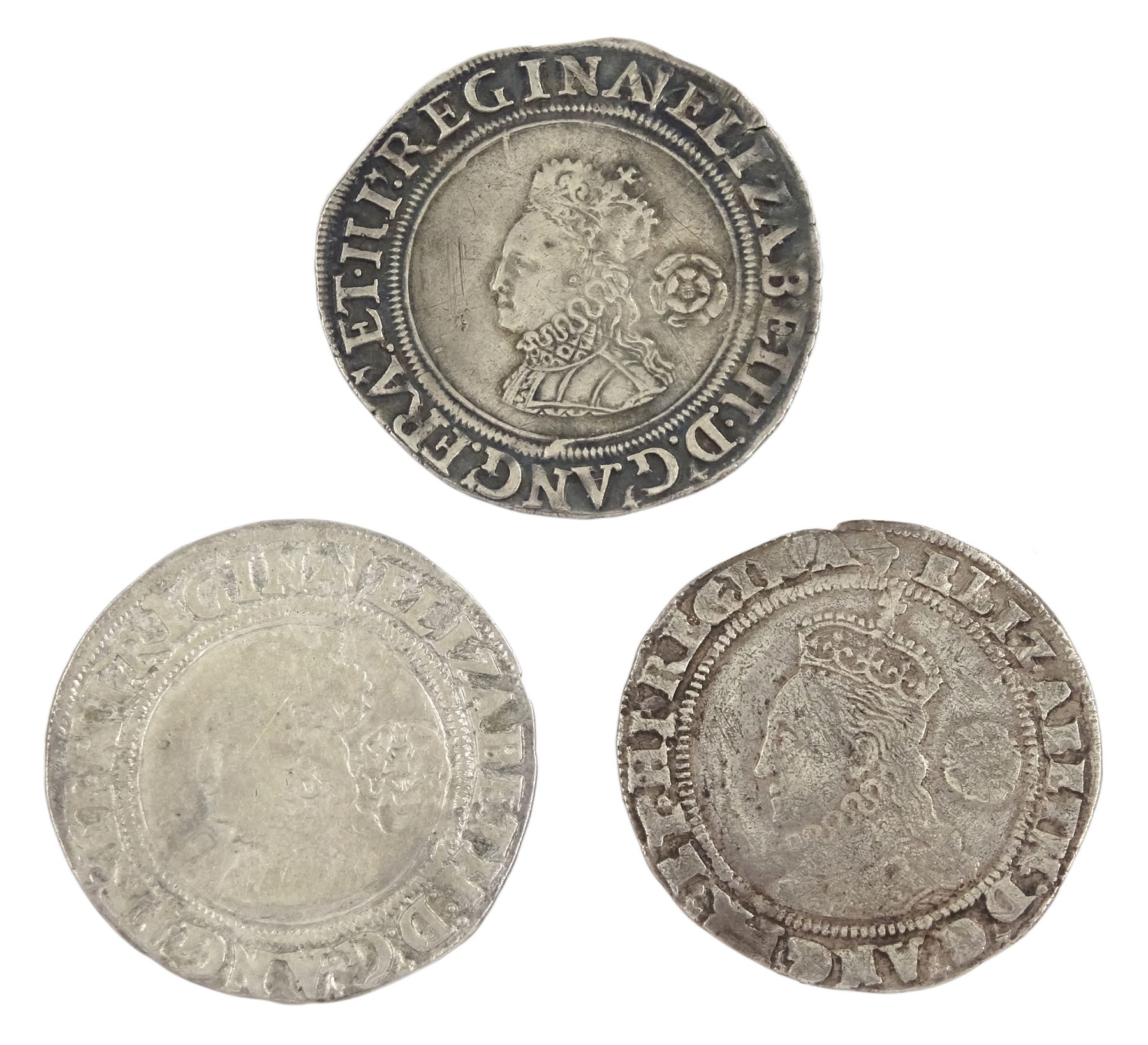 Three Elizabeth I hammered silver sixpence coins, dated 1561, 1563 and ...
