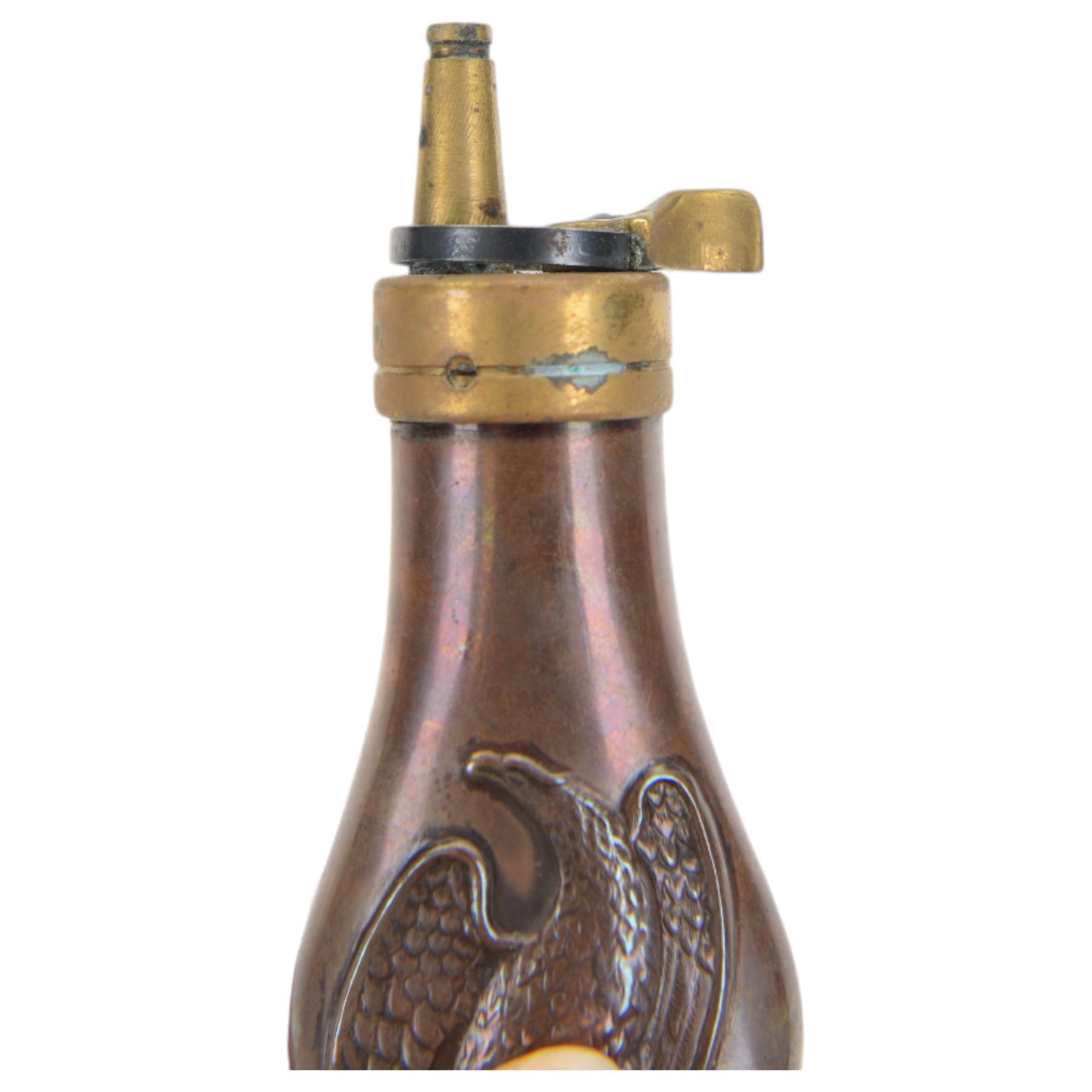 Colt pistol copper and brass powder flask embossed with | Militaria ...