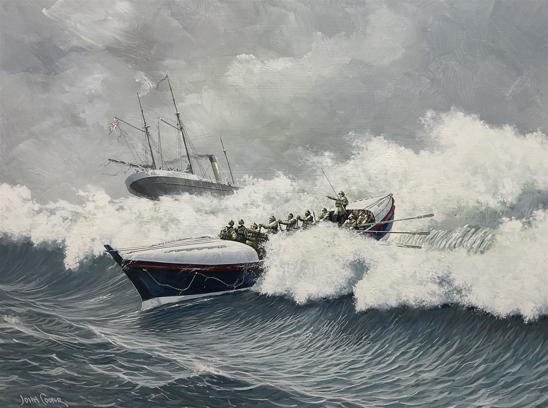 John Cooper (British 1942-2015): Coxswain Guiding a Boat at Heavy Seas ...