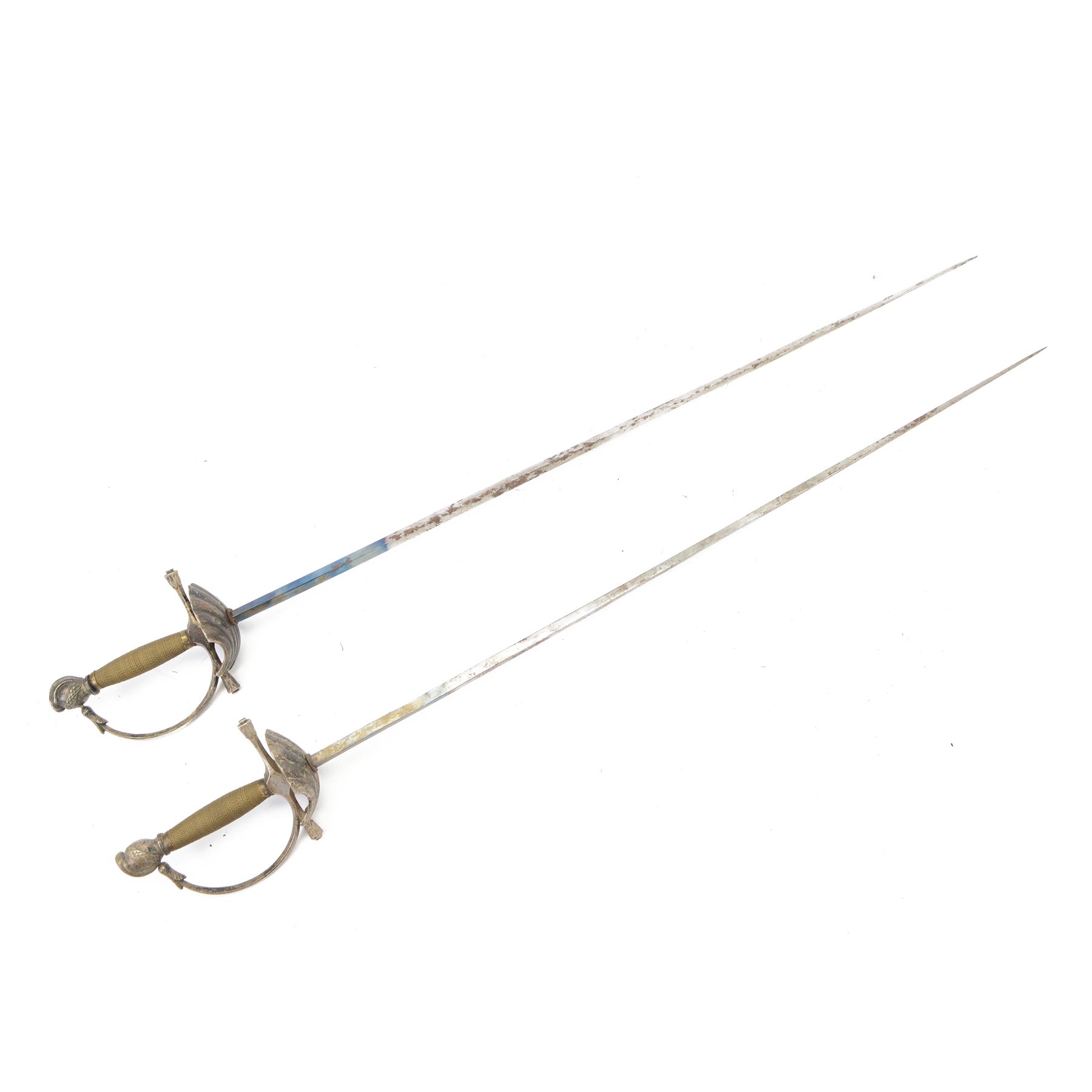 Pair of Rapier swords, with four sided blades, hilt with scalloped ...