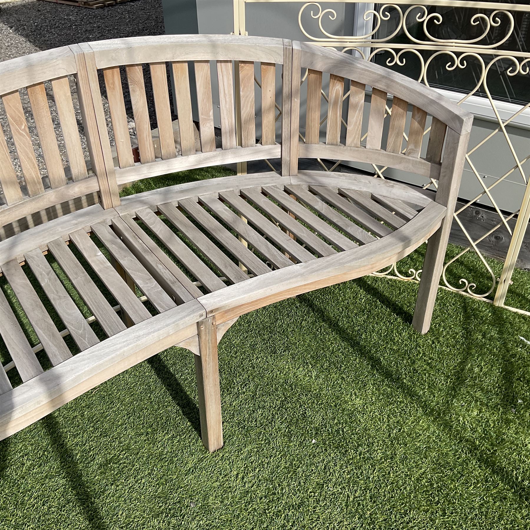 Teak curved serpentine bench - THIS LOT IS TO BE COLLECTED BY ...