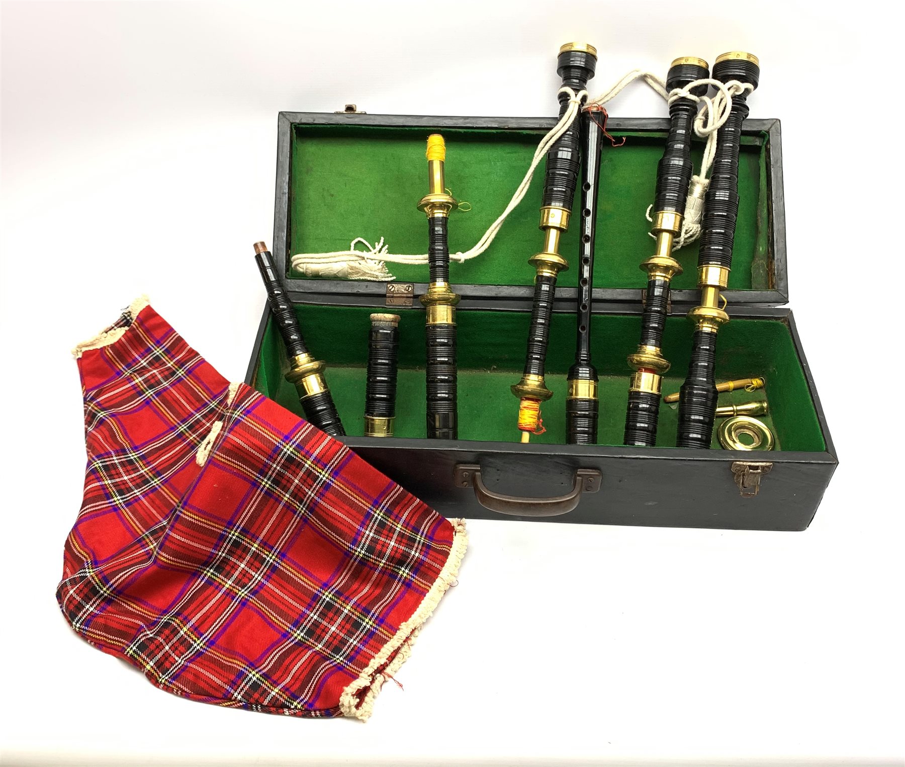 Dummy bagpipes with yellow metal mounted black painted ring turned ...