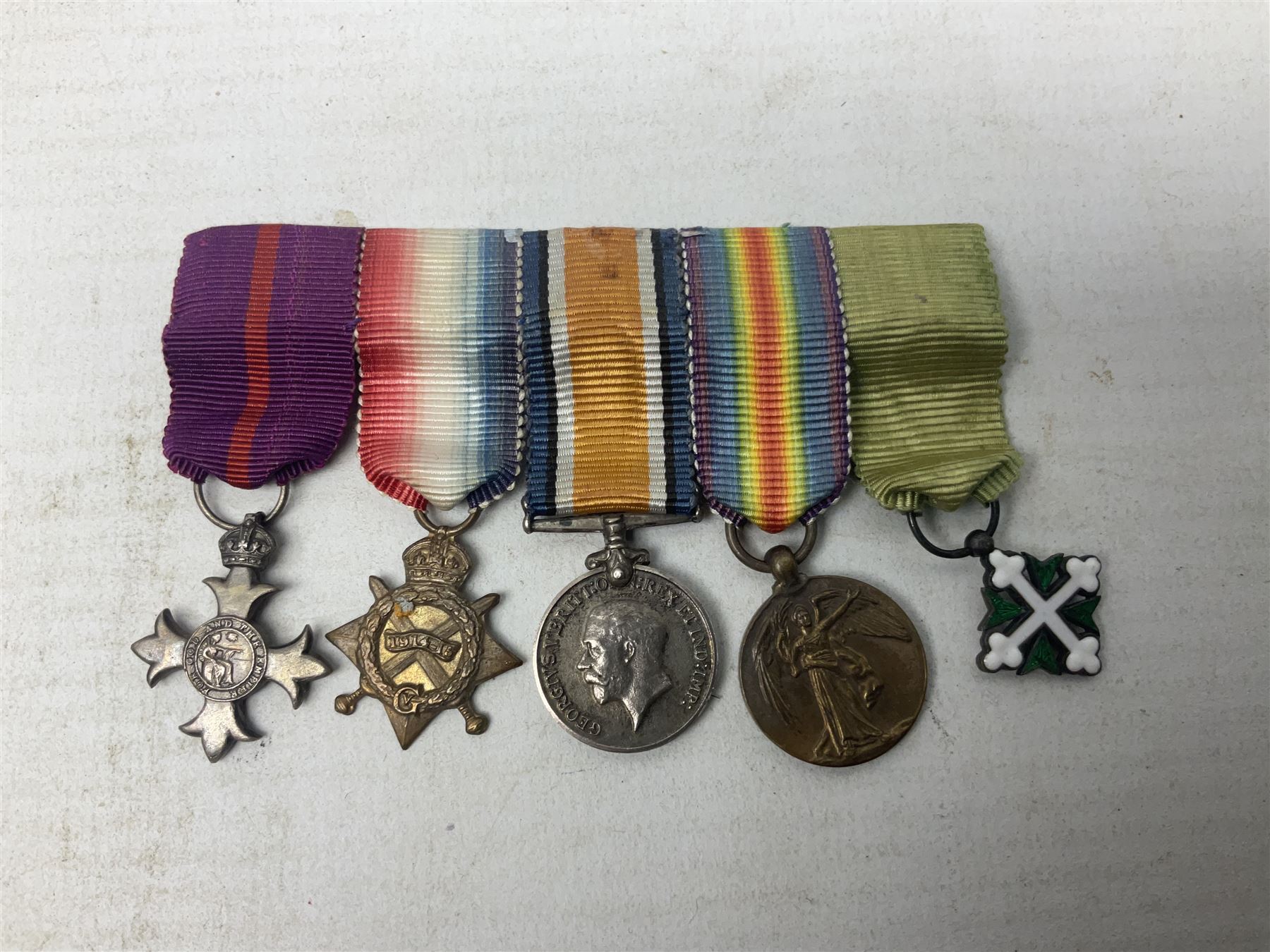 Three miniature groups of five medals - OBE Military group with WW1 ...