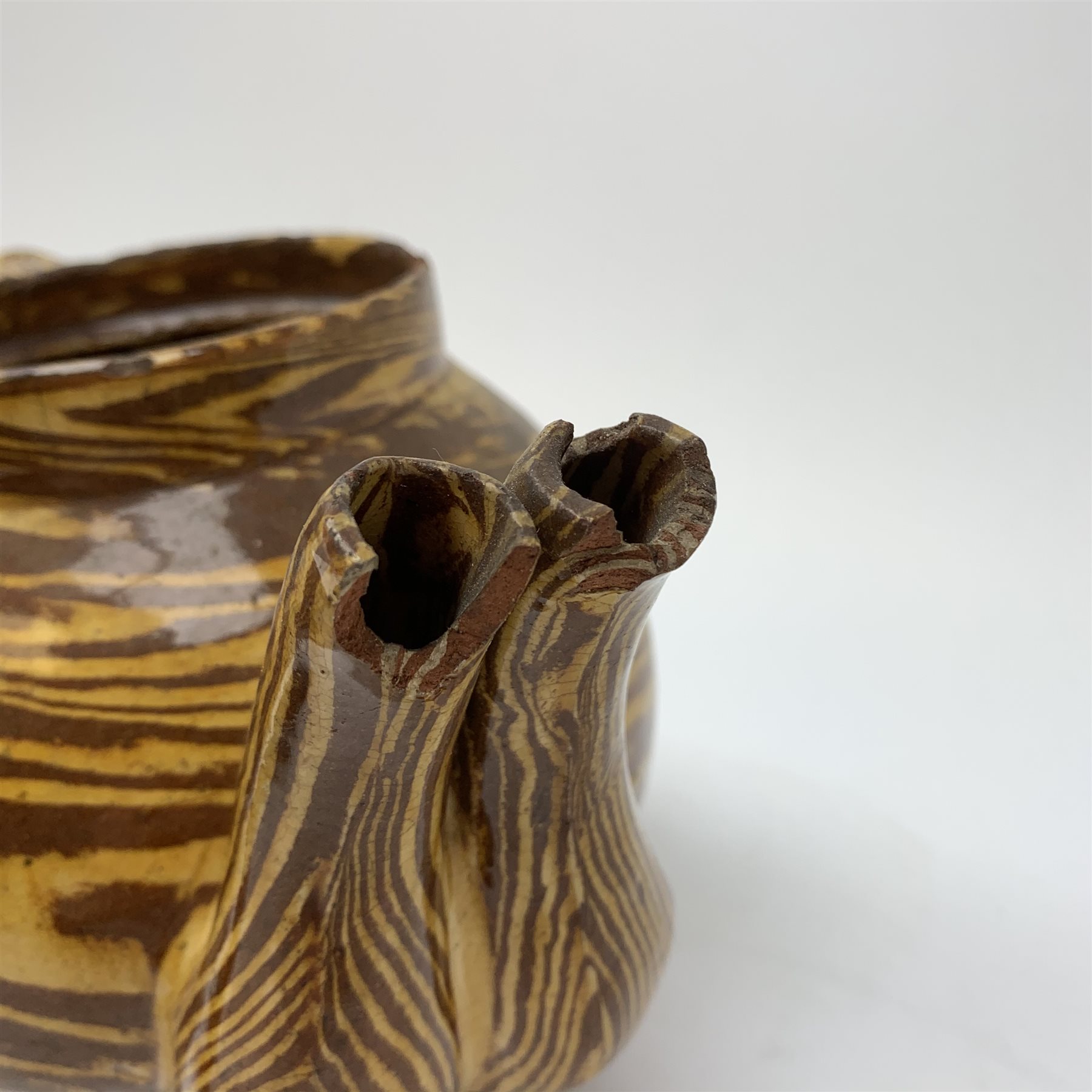 Edwardian slipware double spouted teapot, inscribed to body Mary E ...