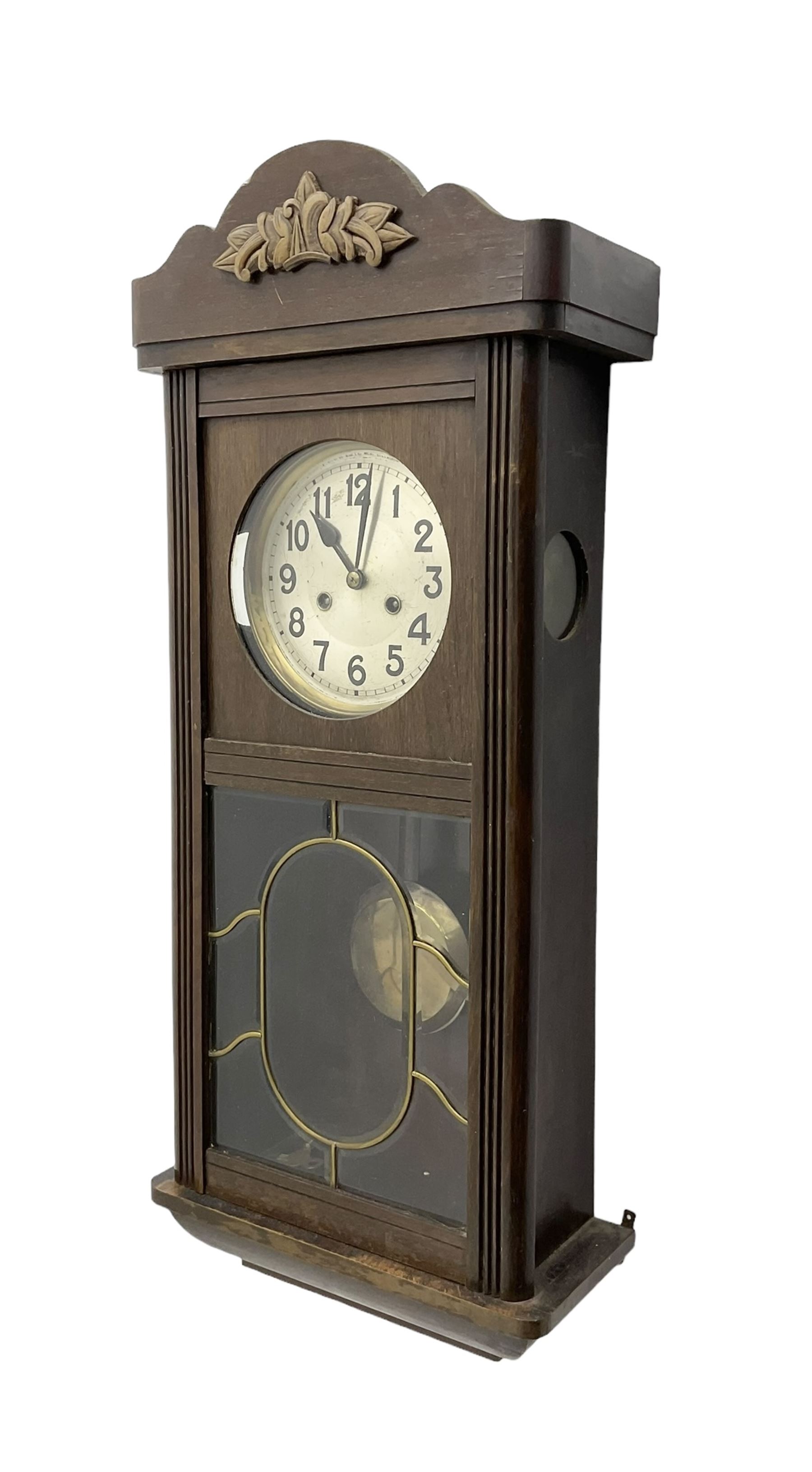 Oak cased 1930s 8-day German wall clock - with a crested top, glazed ...