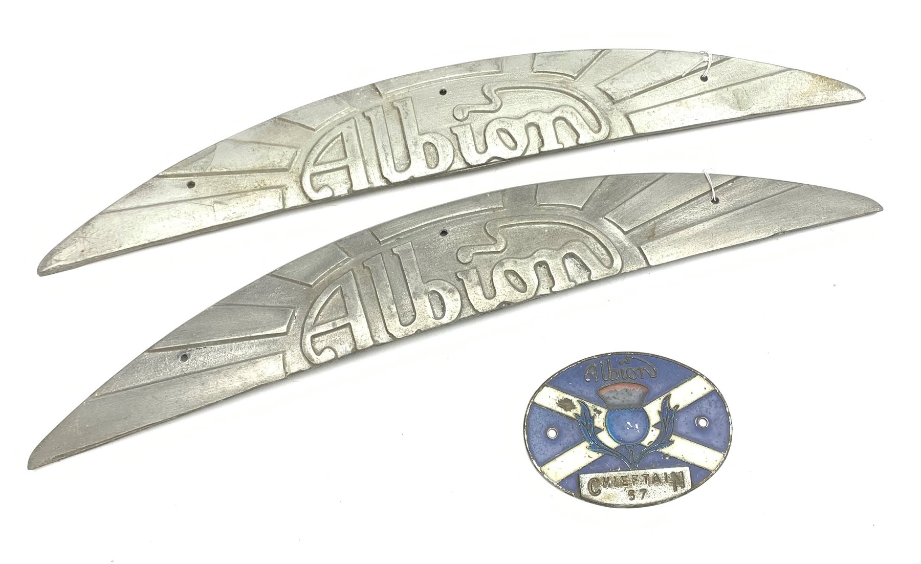 Two Albion aluminium radiator plates and Albion Chieftain 57 oval badge ...