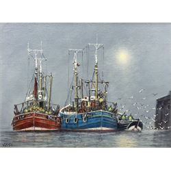 Jack Rigg (British 1927-): Trawlers and a Coble at the Harbourside ...