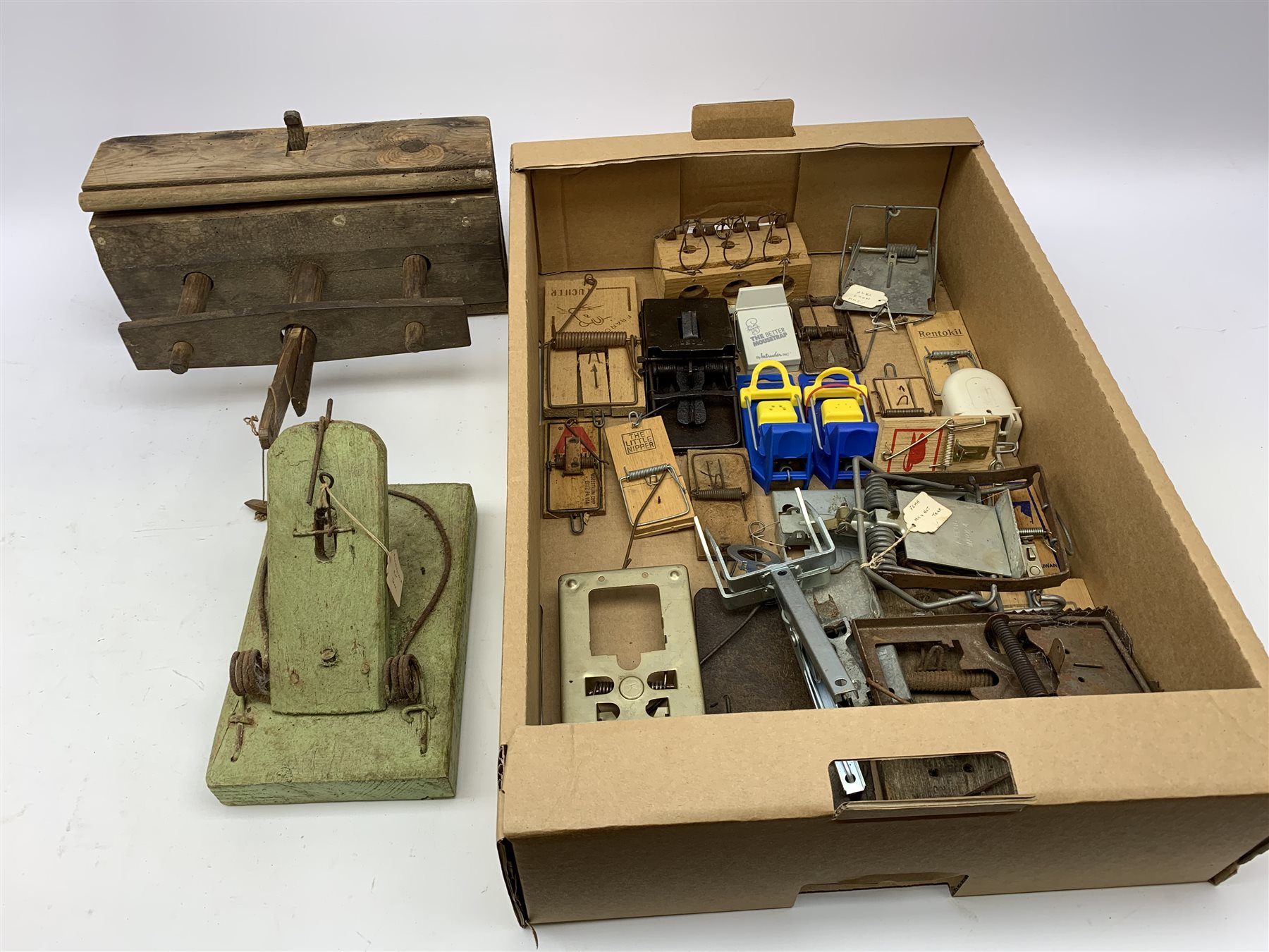 19th century pine mouse trap with deadfall action L32cm; green painted ...