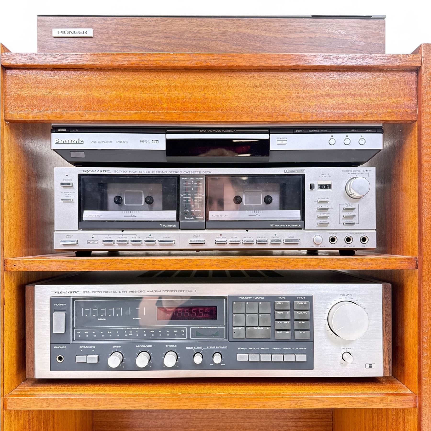 Vintage teak hi-fi cabinet comprising Realistic SCT-90 tape deck ...