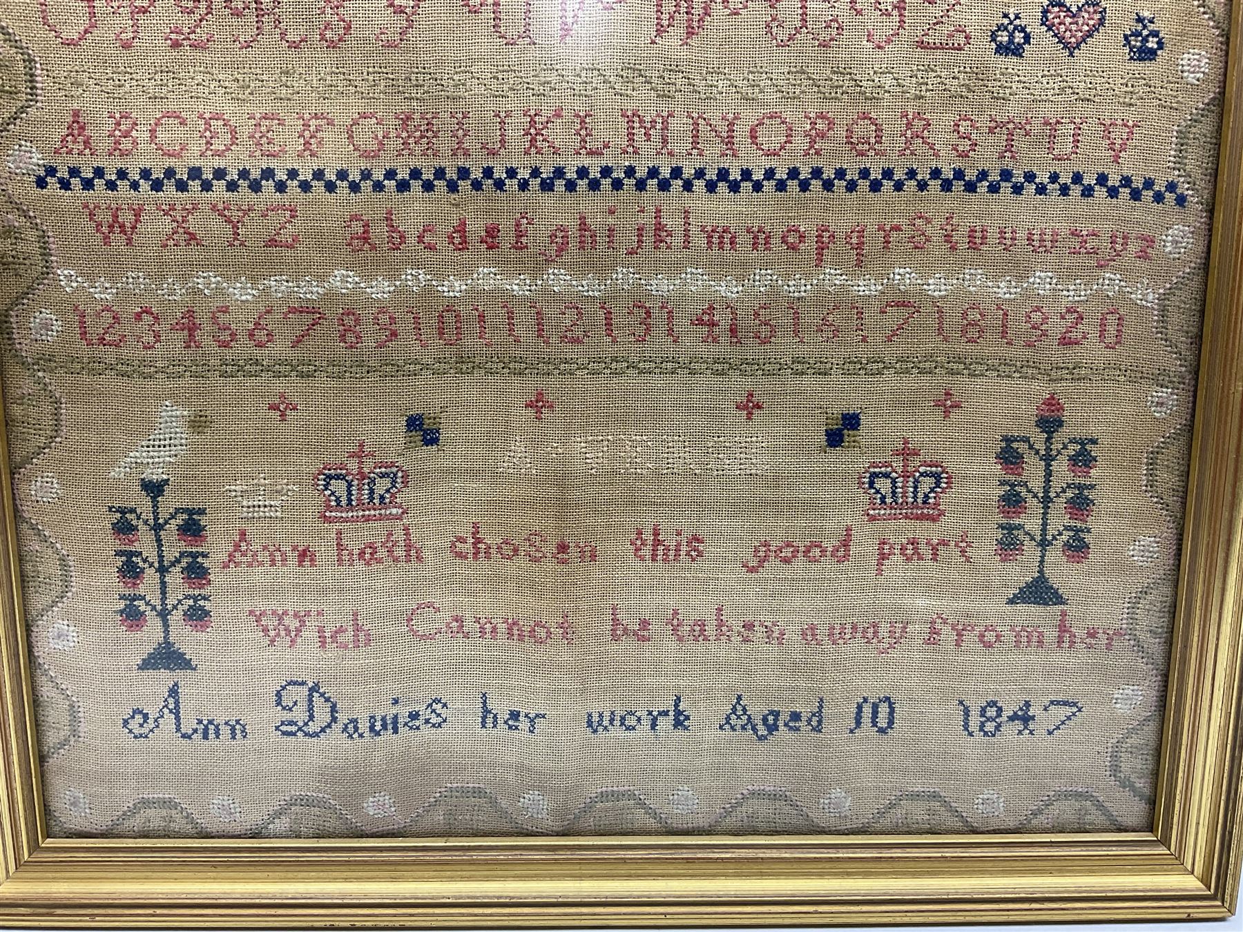 Victorian needlework sampler, worked by Ann Davies age ten, 1847, with ...