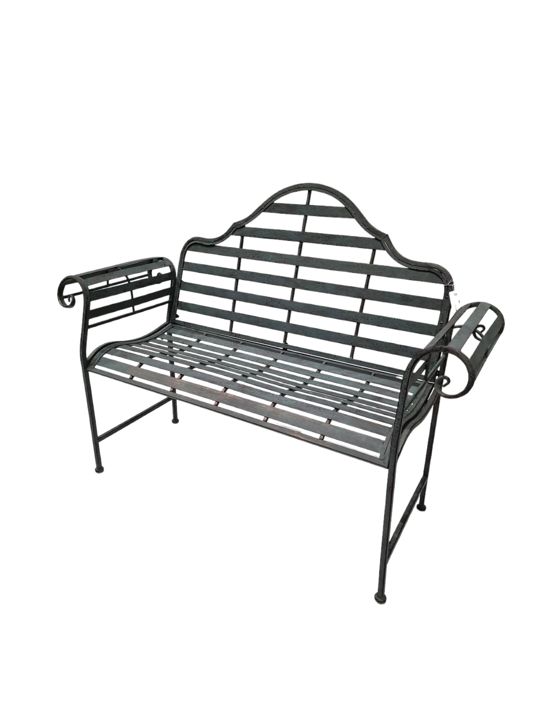 Wrought steel garden bench in light blue and bronze fin | Garden ...