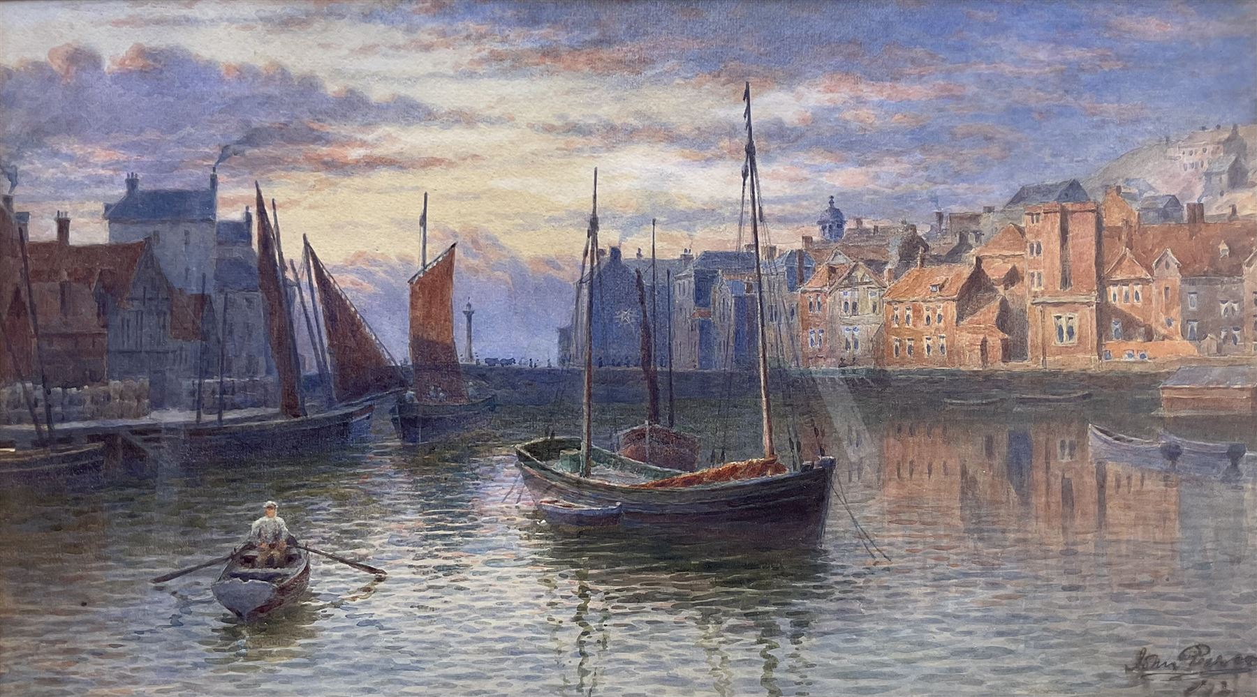 John Pearson (British ?-1921): Looking down the Esk to Whitby Harbour ...