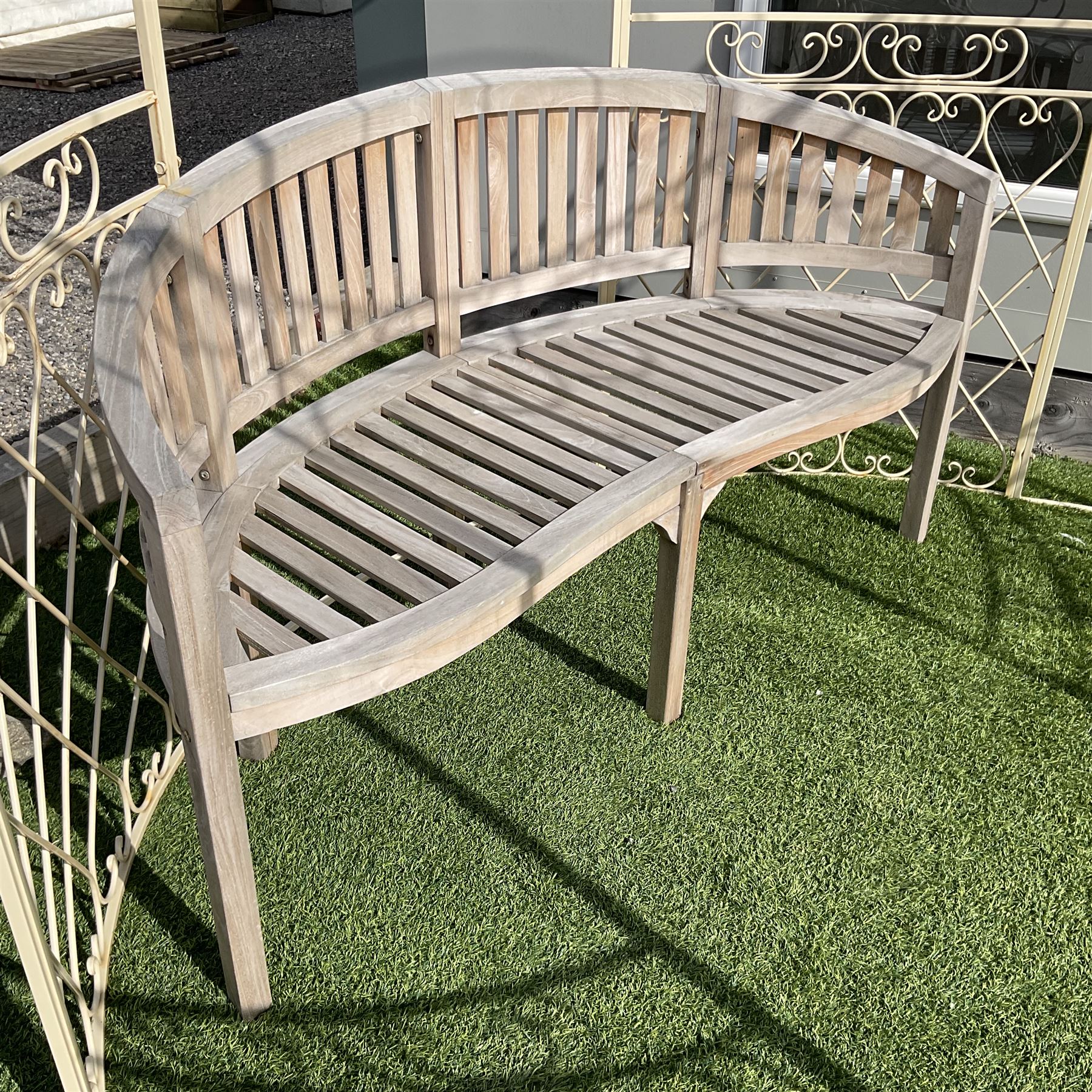 Teak curved serpentine bench - THIS LOT IS TO BE COLLECTED BY ...
