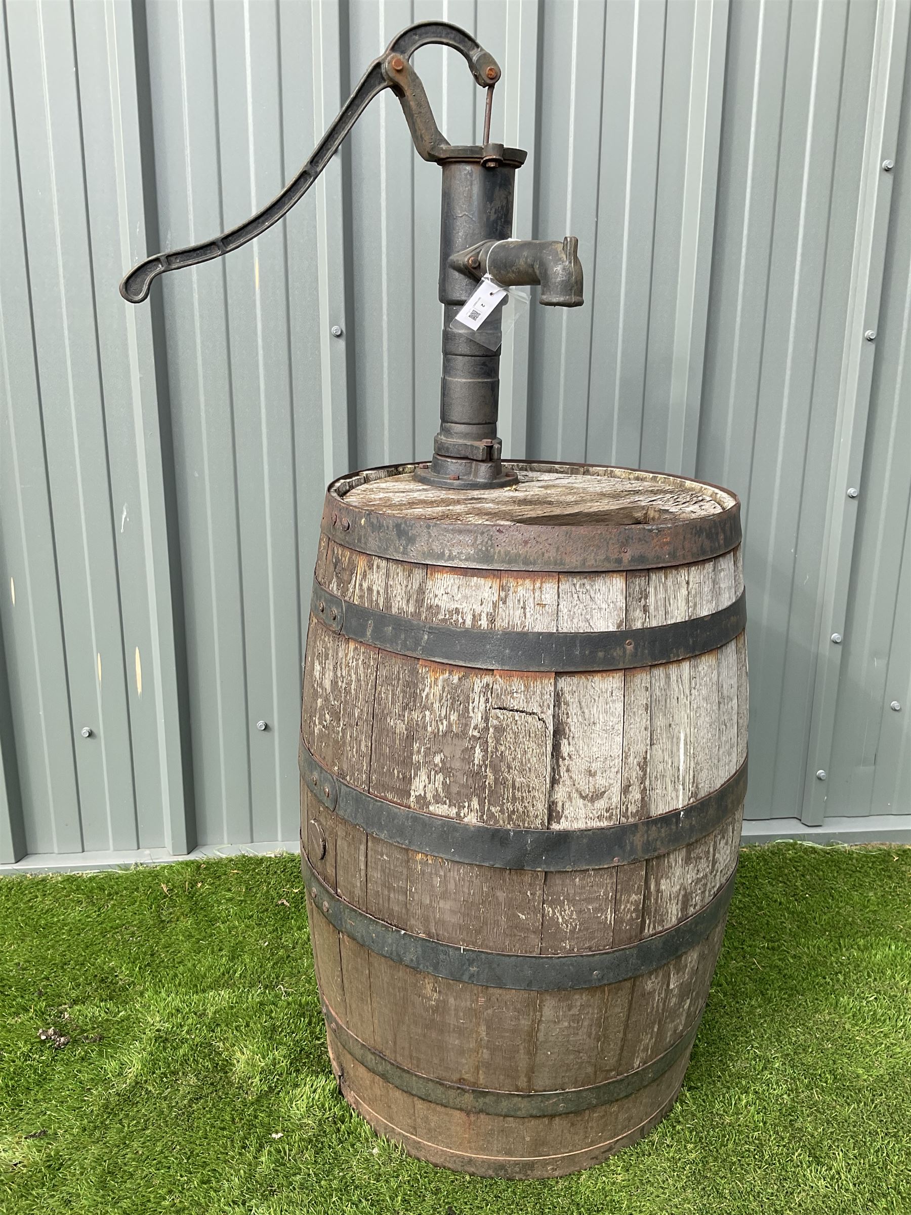 Coopered barrel with cast iron pump - THIS LOT IS TO BE COLLECTED BY ...