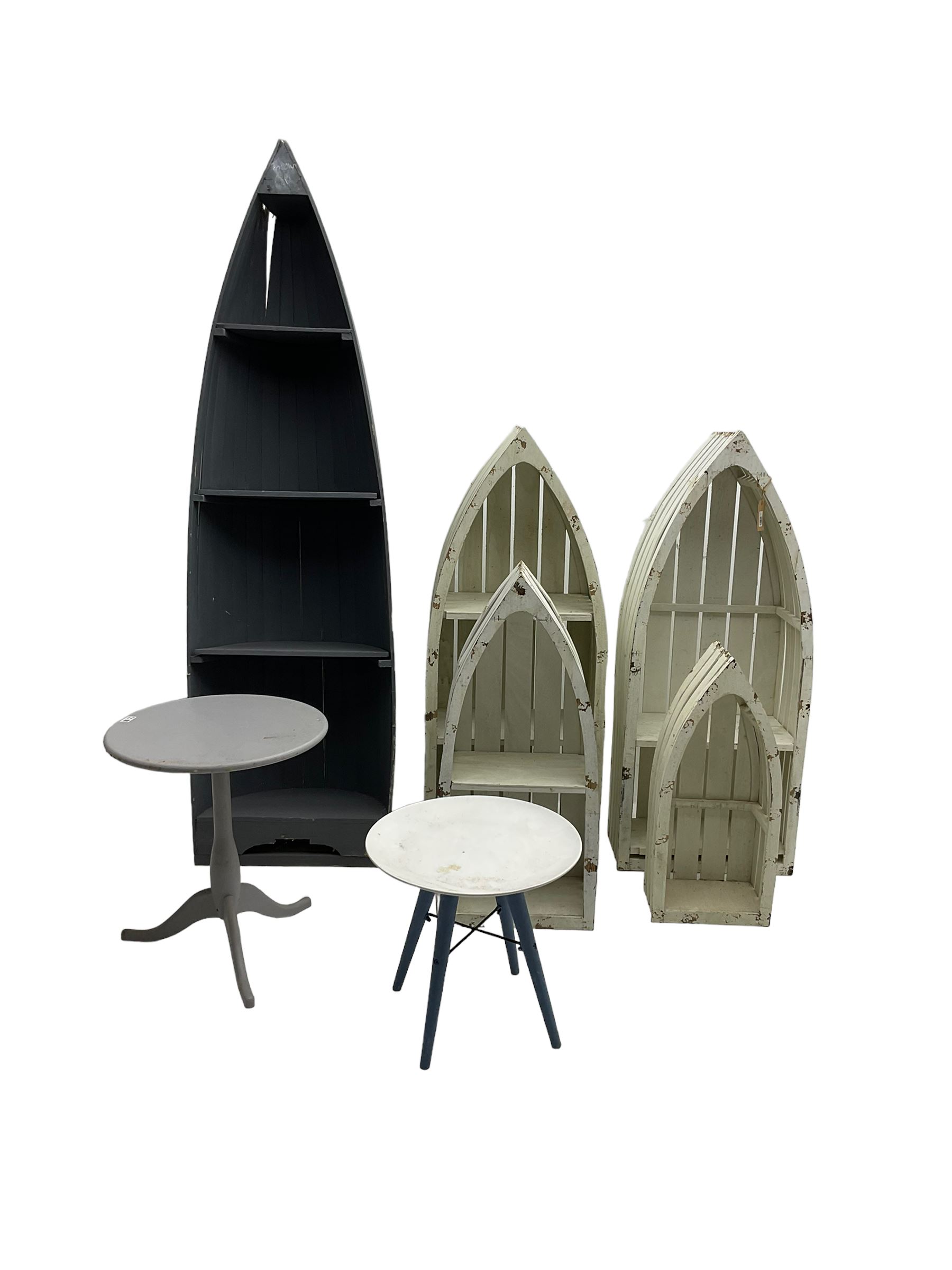 Collection of wood slatted lancet shaped display shelves | Modern ...