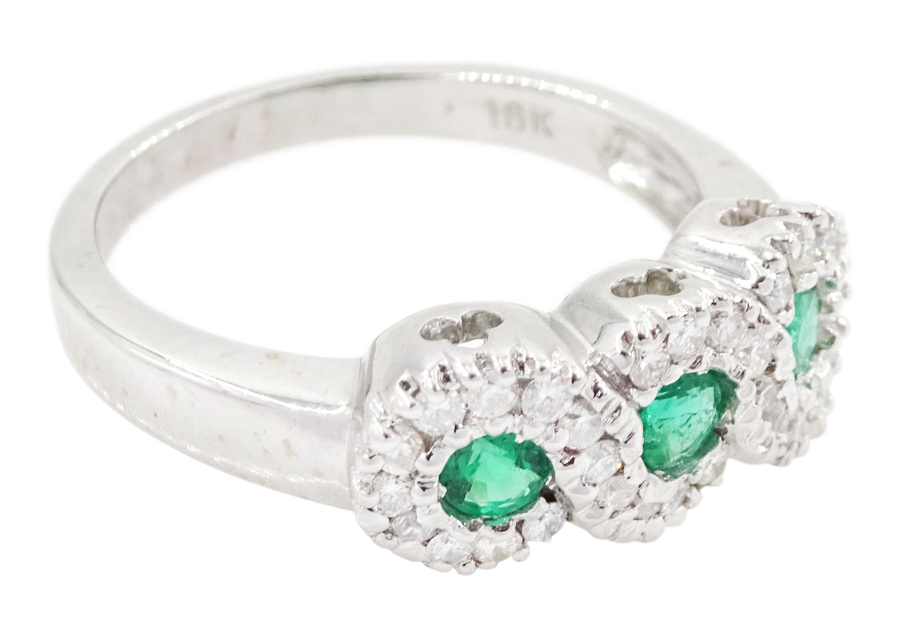 18ct white gold emerald and diamond triple cluster ring | Jewellery ...