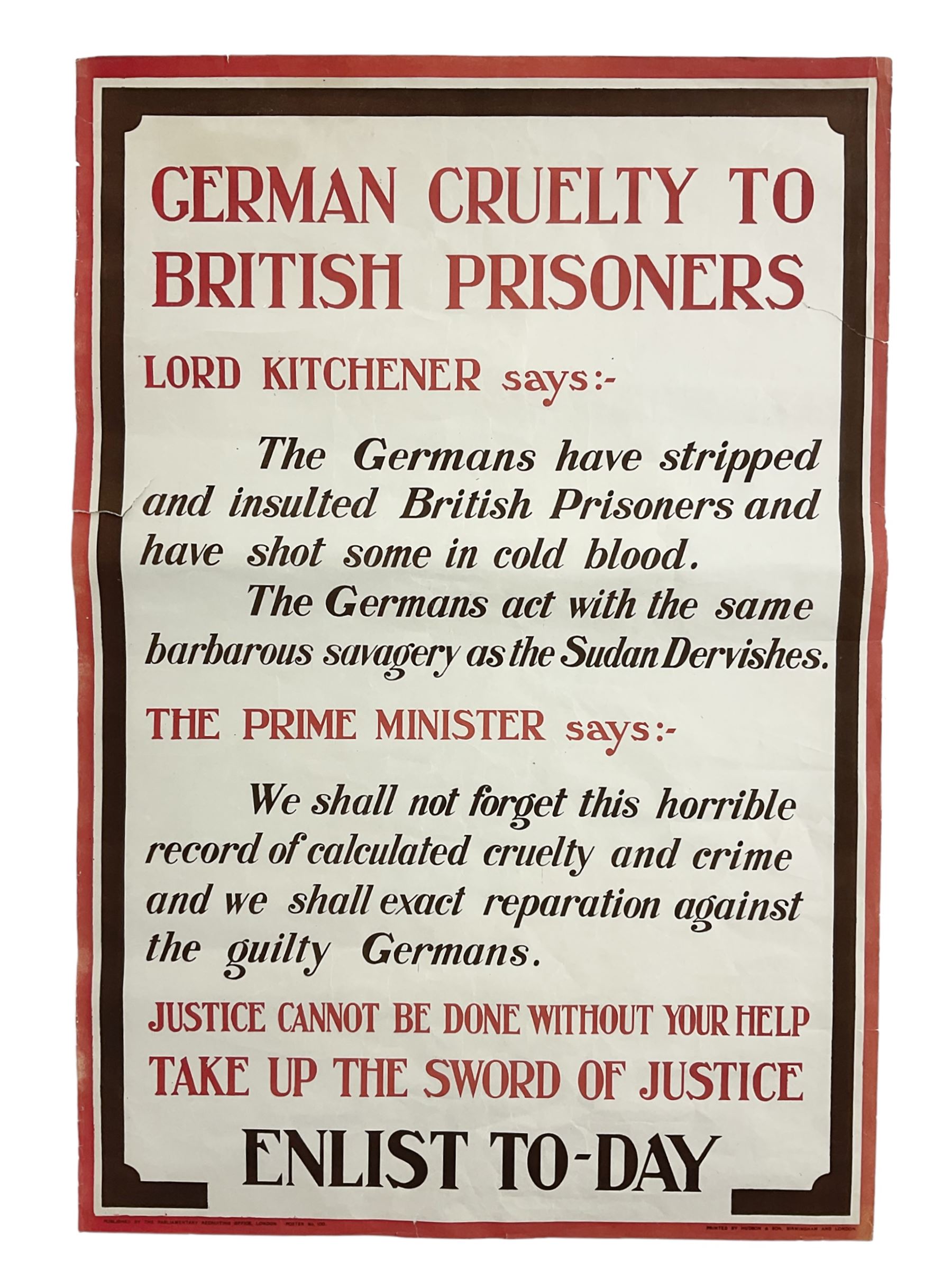 WW1 poster published by The Parliamentary Recruiting Office; poster No ...