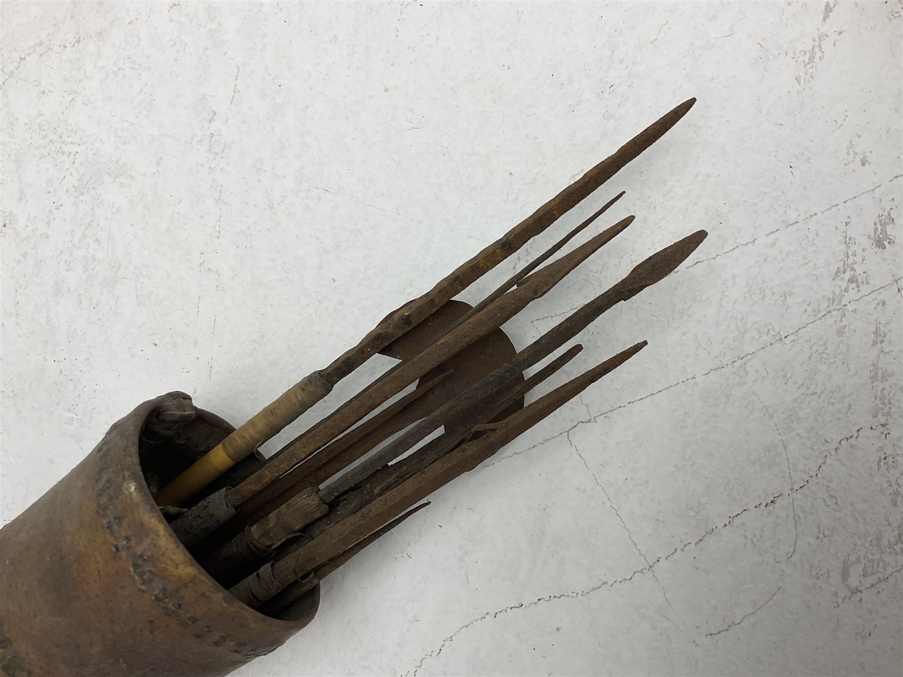 Twelve African pygmy arrows with barbed or plain iron heads and cane ...