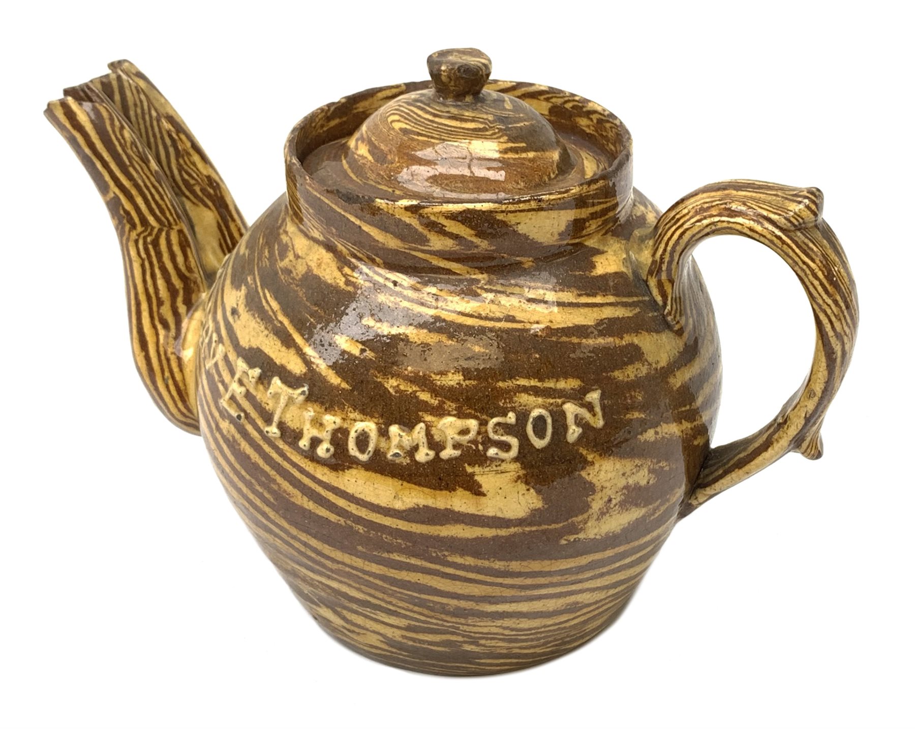 Edwardian slipware double spouted teapot, inscribed to body Mary E ...